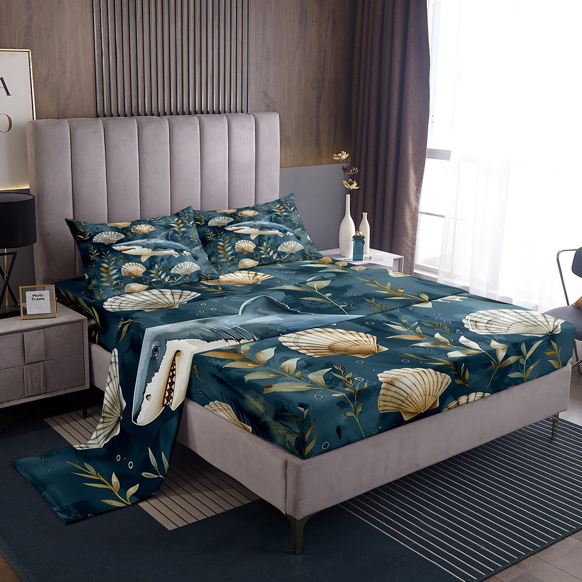 Shark Bed Sheets Set Queen,Cartoon Shark Shell Bedding Set for Kids ...