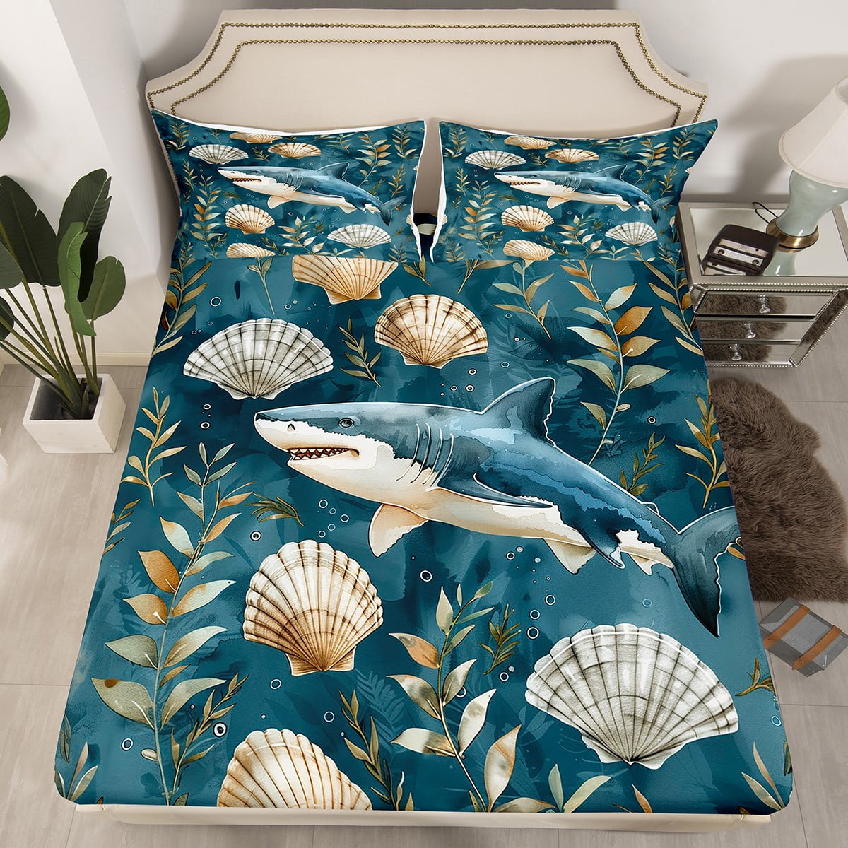 Shark Bed Sheets Set Twin,Cartoon Shark Shell Bedding Set for Kids Boys ...