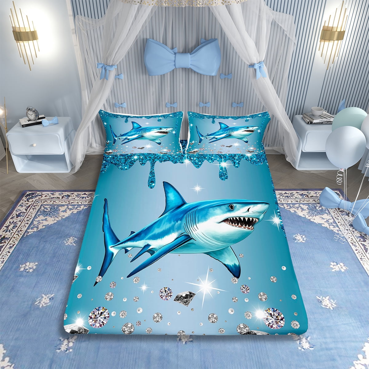 Shark Bed Sheets Set Blue Sequin Fluid Art Sheet Set Full ...