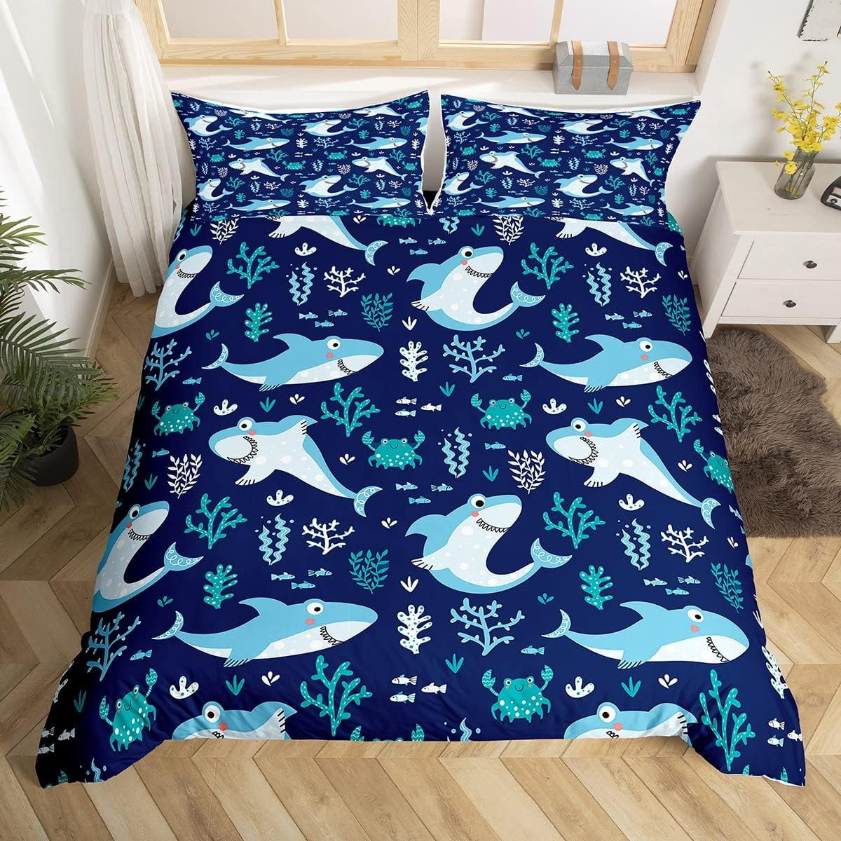 Shark Bedding Set Sea Turtle Comforter Cover for Kids Boys Girls Teens ...