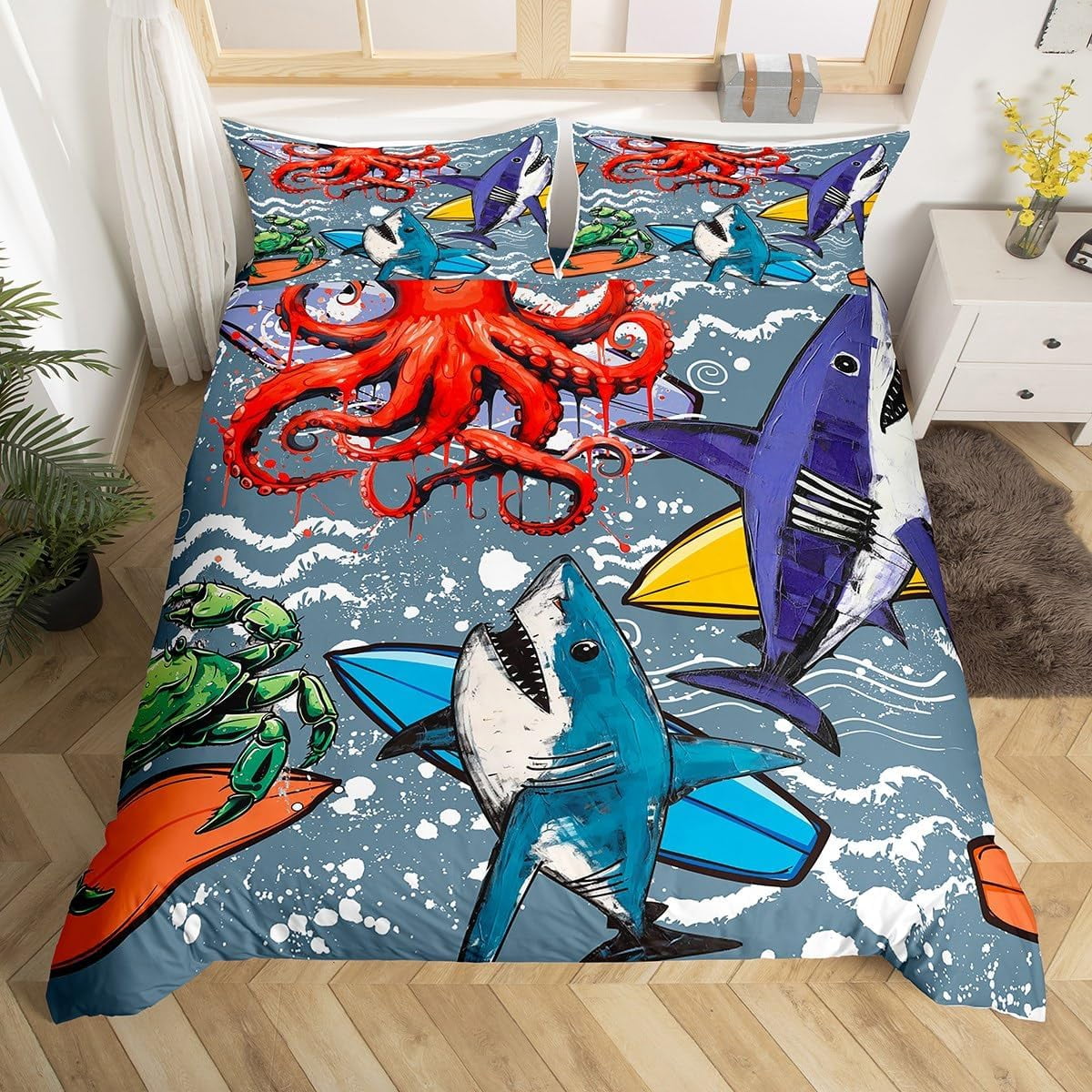 Shark Bedding Set Sea Turtle Comforter Cover for Kids Boys Girls Teens ...