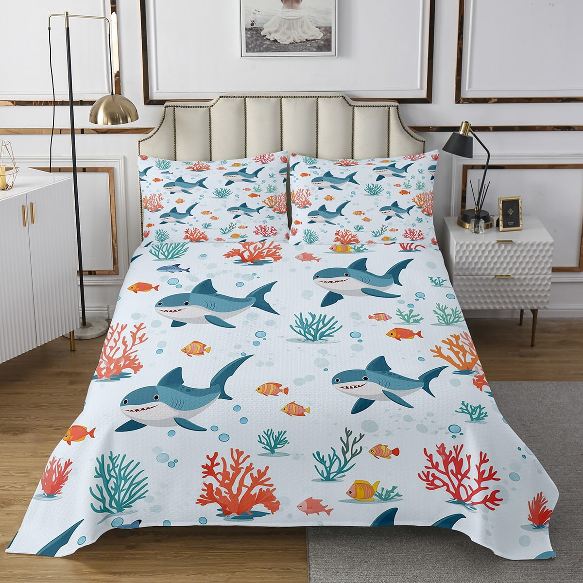 Shark Bedspread King Size Ocean Sealife Quilt Set Teens 3D Shark ...