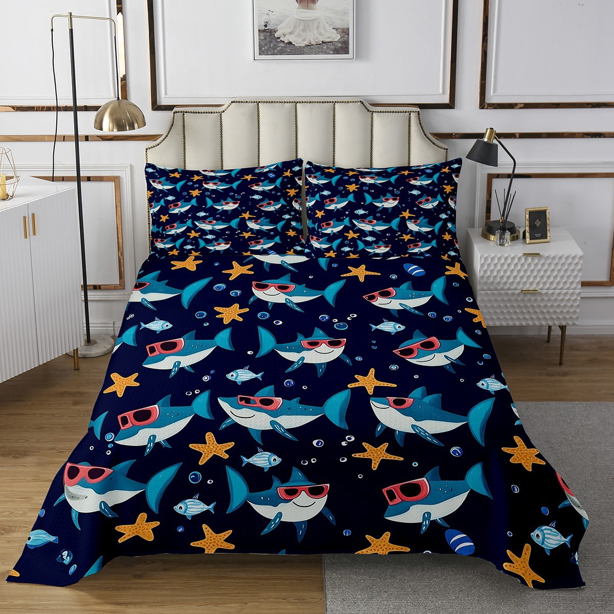 Shark Bedspread Set Cute Coastal Creature Quilt Set Twin,Nautical Sea ...