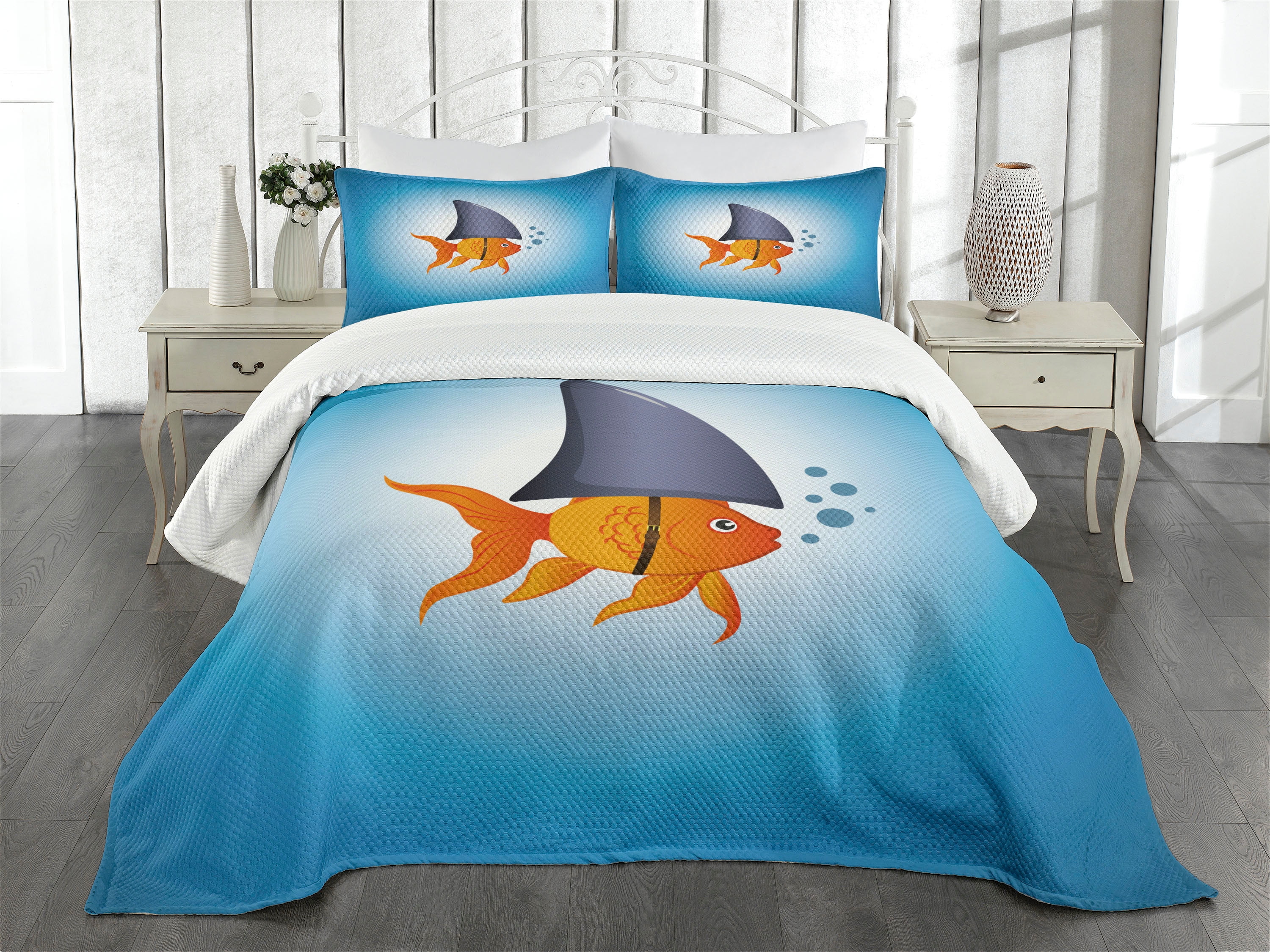 Shark Bedspread Set Queen Size, Little Goldfish Wearing A Shark Fin to ...