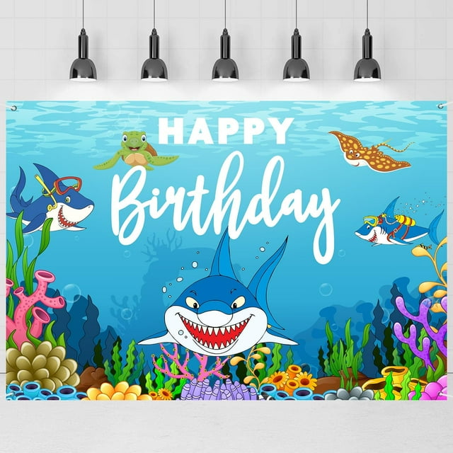 Shark Birthday Backdrop Banner, Ocean World Kids Birthday Party ...