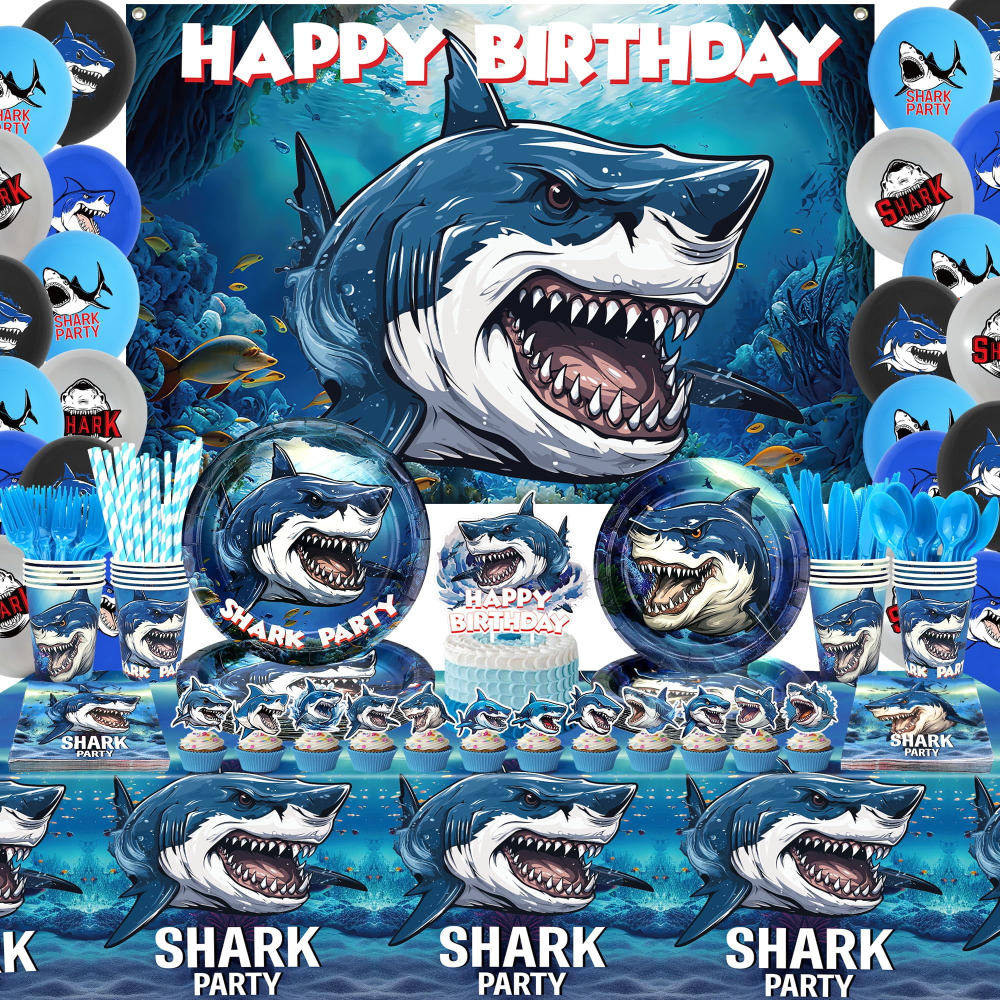 Shark Birthday Party Decoration DHF10 - Shark Party Favors, Plates Cups ...