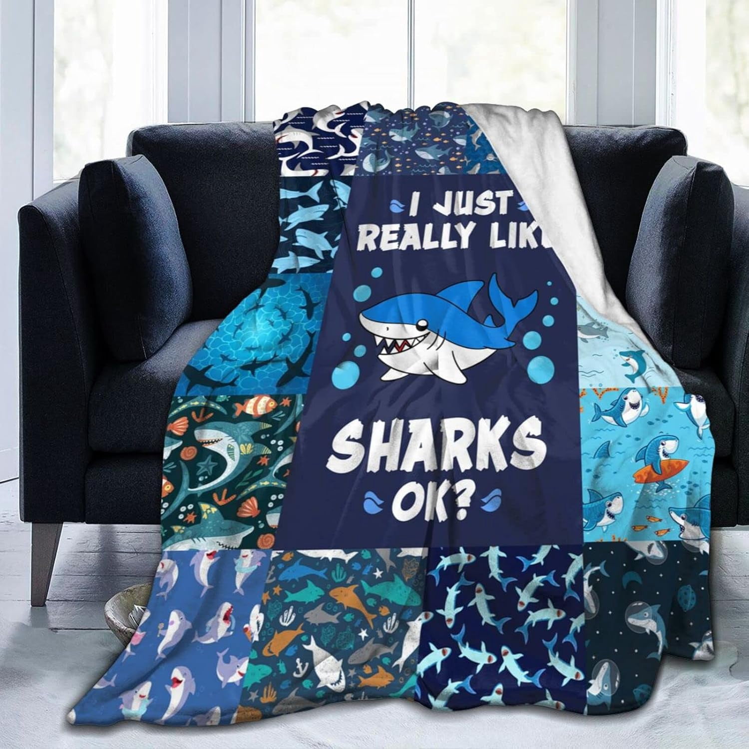 Shark Blanket Blue Sharks Throw Blanket Cartoon Ocean Animal Print ...
