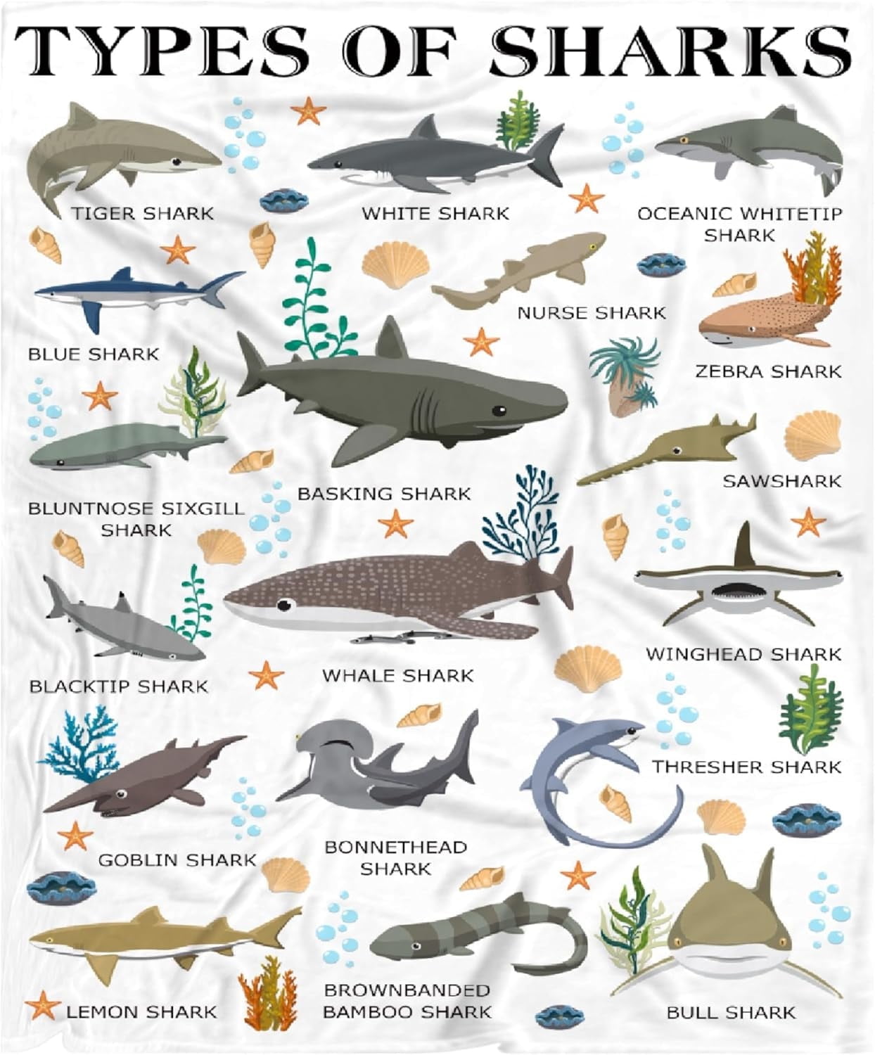 Shark Blanket Shark Gifts for Kids Boys Girls Shark Lovers Types of ...