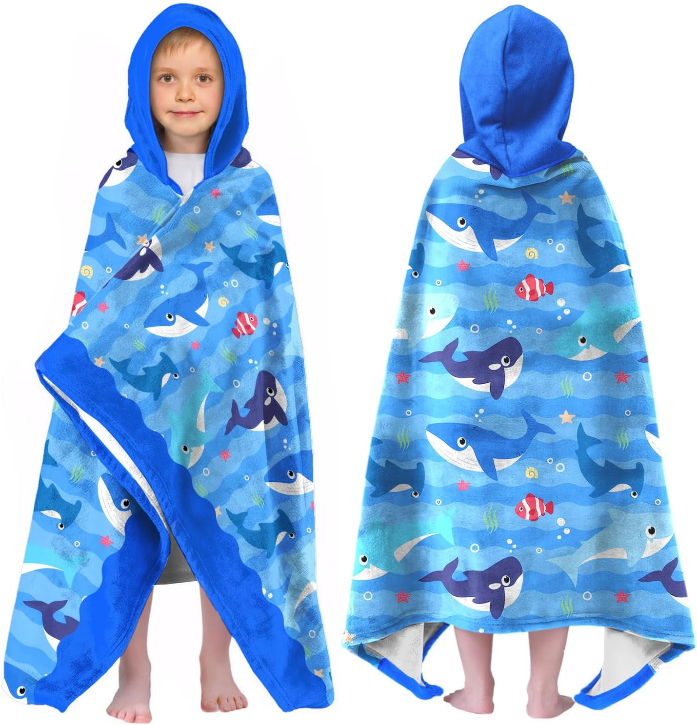 Shark Boys Beach Towel with Hoodie for Kids Toddlers Age 4-8,Shark Blue ...