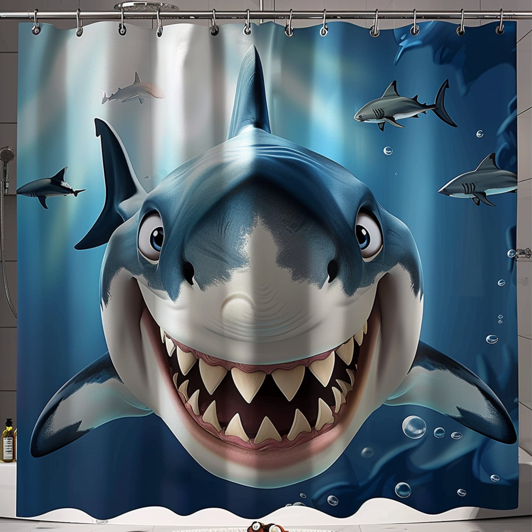 Shark Cartoon Character Smiling with Big Teeth Bathroom Curtain Hyper ...