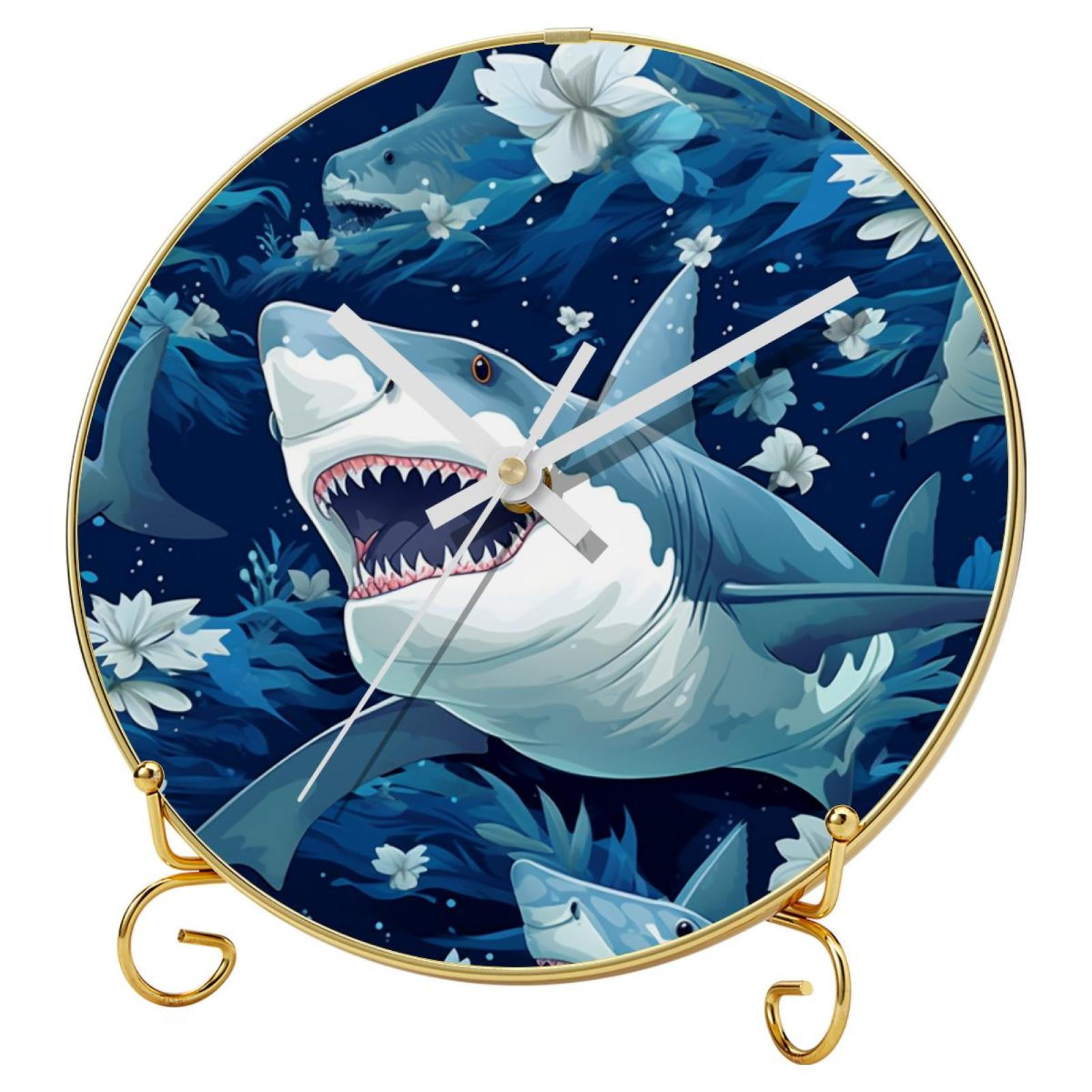 Shark Classic Round Wall Clocks with Printed Design, Hooks, and Gold ...
