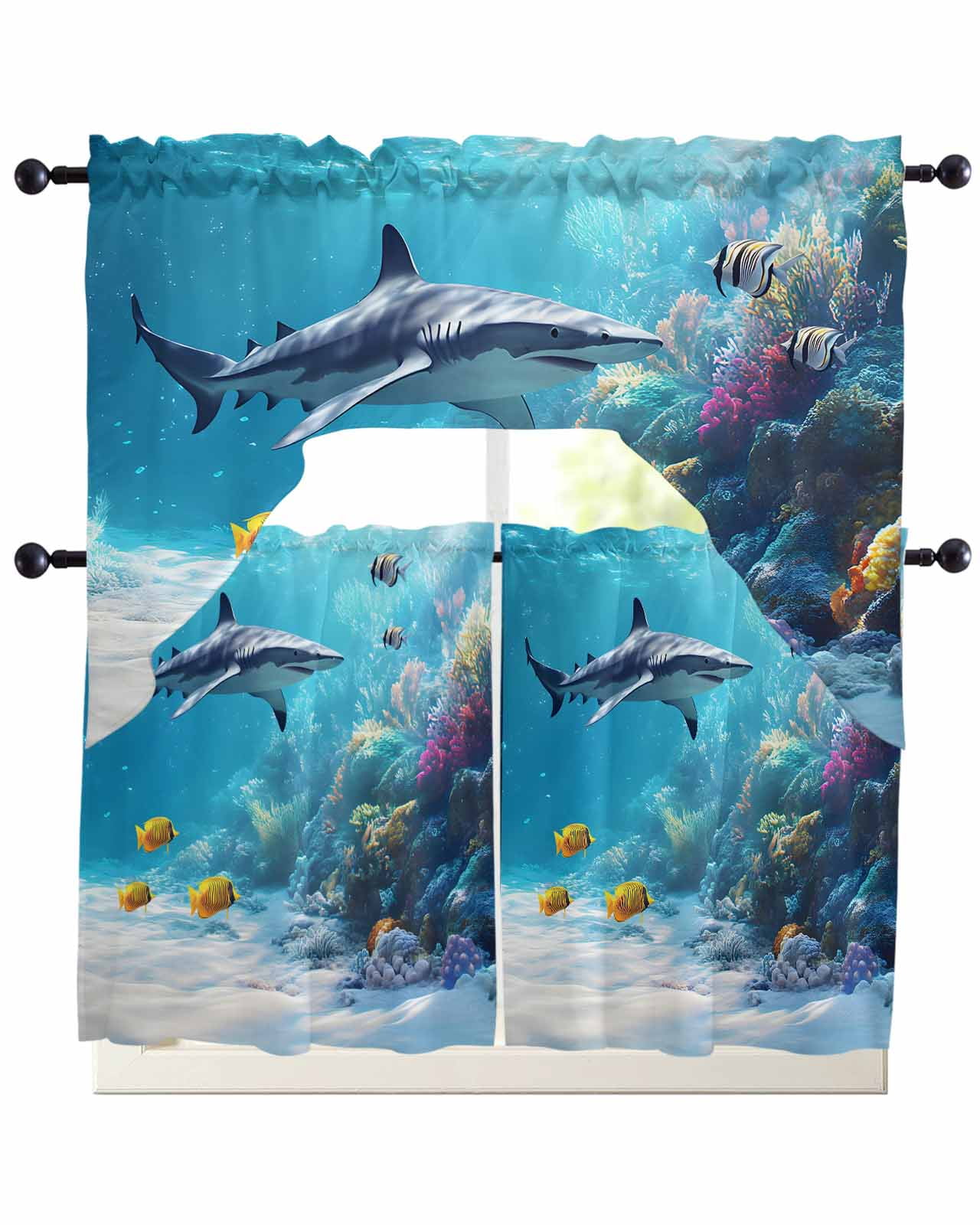 Shark Coastal Kitchen Curtains Swag Valance and Tier Curtains Set 36 ...