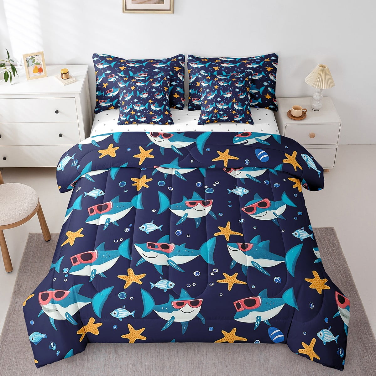 Shark Comforter Set 7 Piece Bed in a Bag Twin,Cute Coastal Creature ...