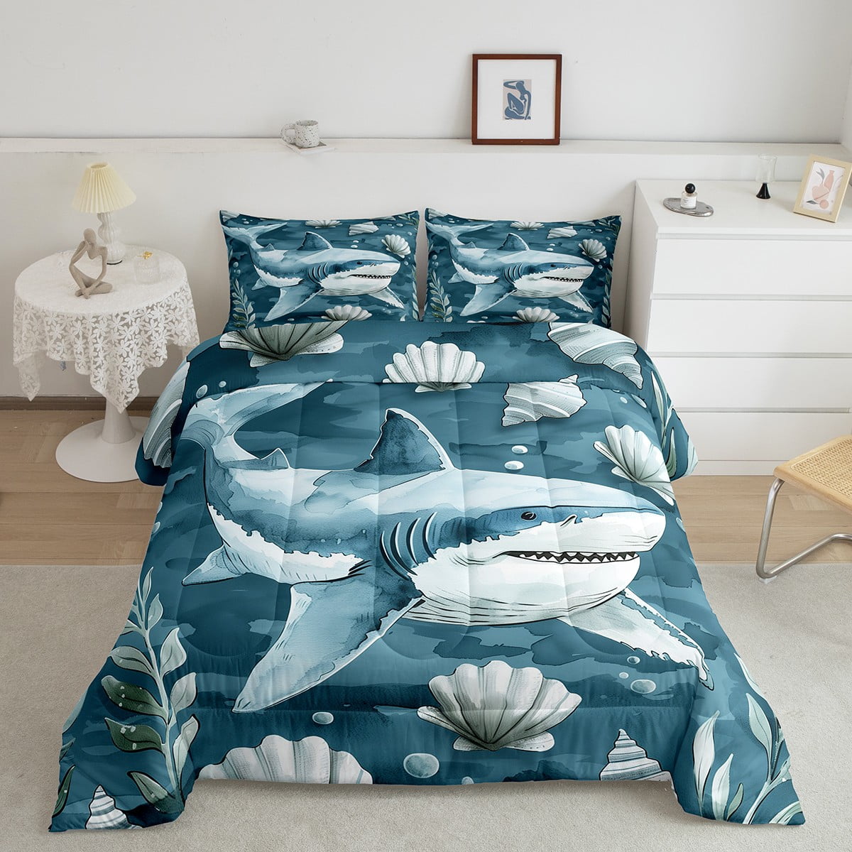 Shark Comforter Set Queen,Watercolor Shark Shell Duvet Set Bedroom ...