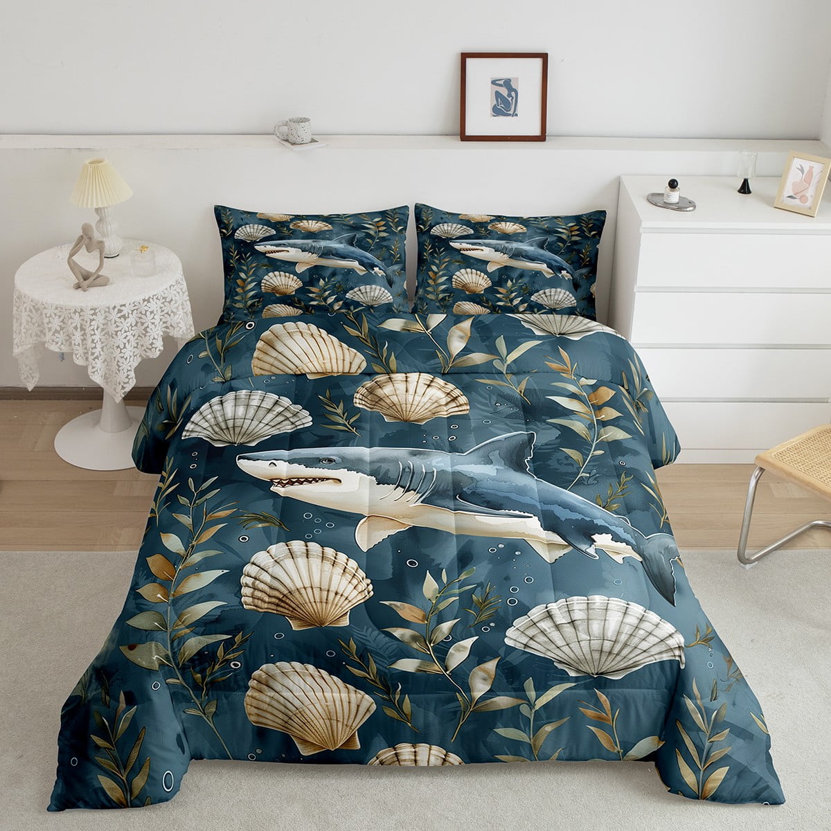 Shark Comforter Set,Cartoon Shark Shell Bedding Set Bedroom,Nautical ...