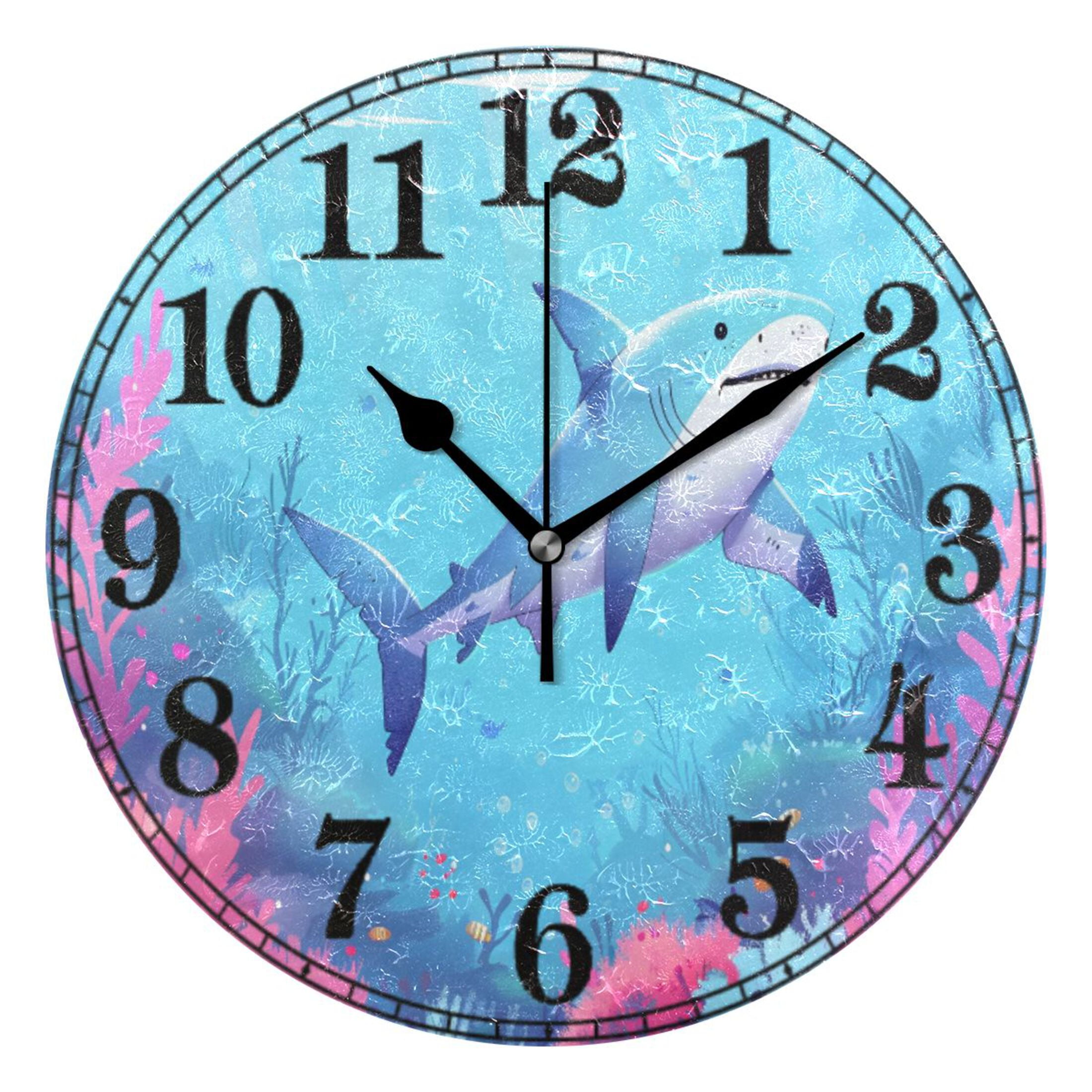 Shark Coral under Sea Silent Wall Clock 10" Non-Ticking Battery Clock ...