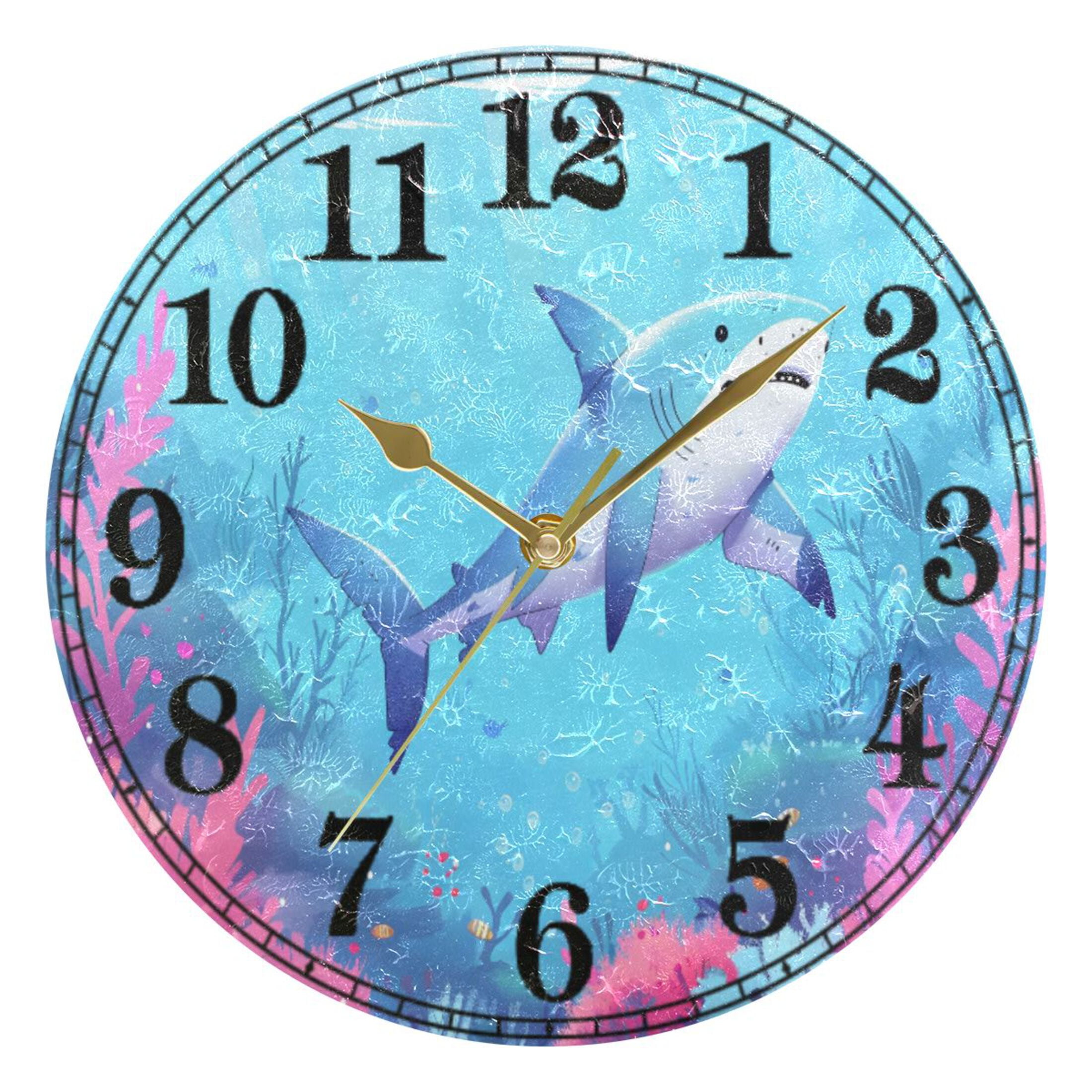 Shark Coral under Sea Silent Wall Clock 10" Non-Ticking Battery Clock ...