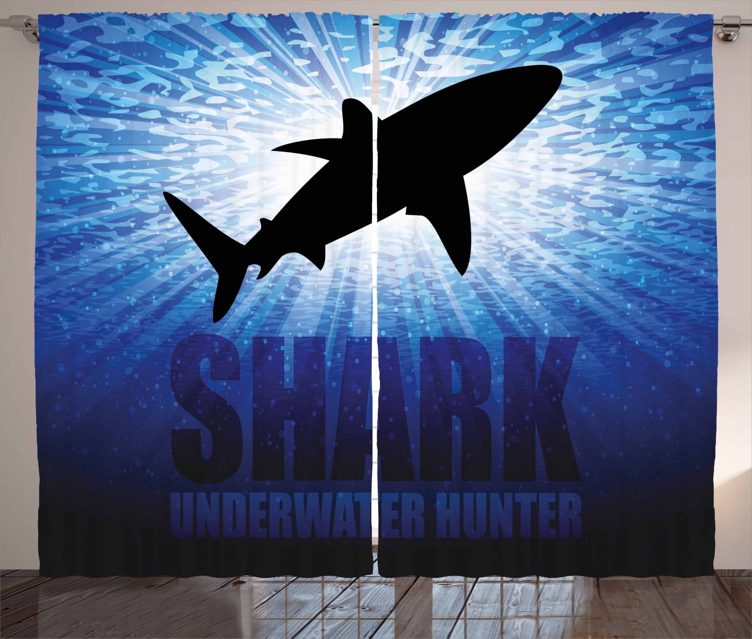 Ambesonne Shark Curtains 2 Panel Set, Underwater Hunter Danger, 108" x ...