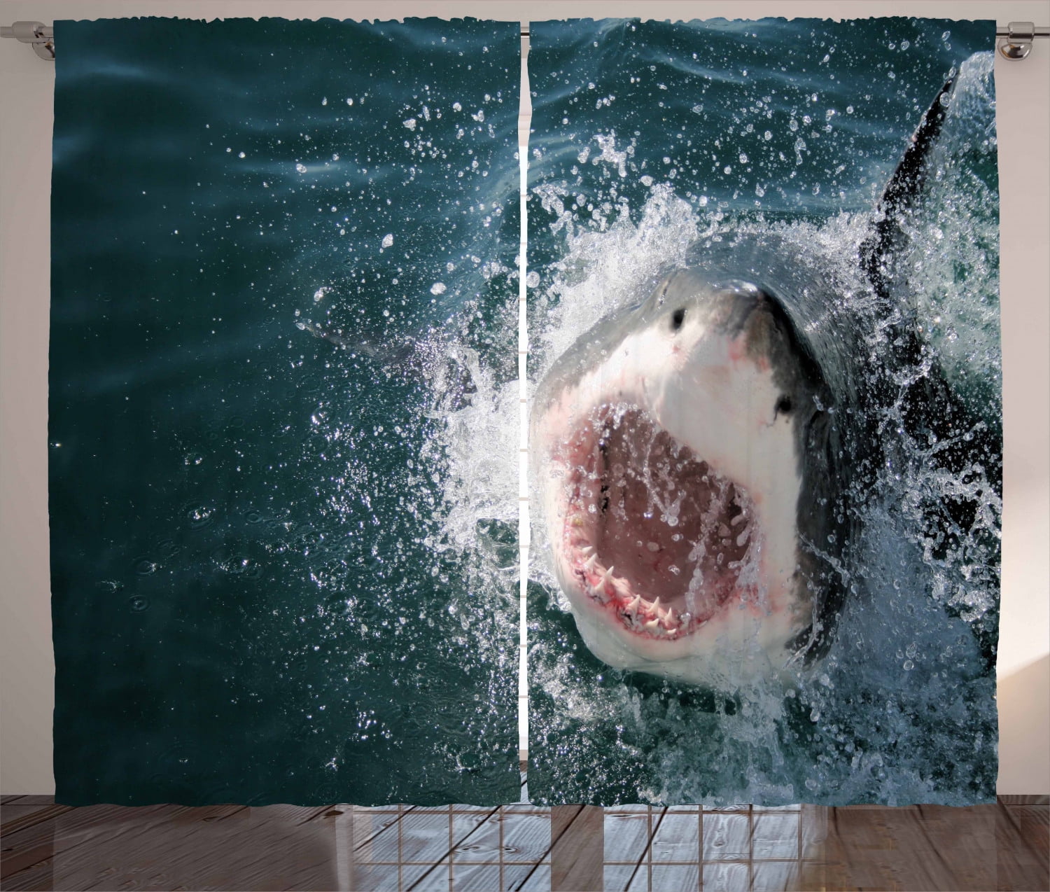 Ambesonne Shark Curtains 2 Panel Set, Scary Open Mouth Teeth, 108" x 96 ...