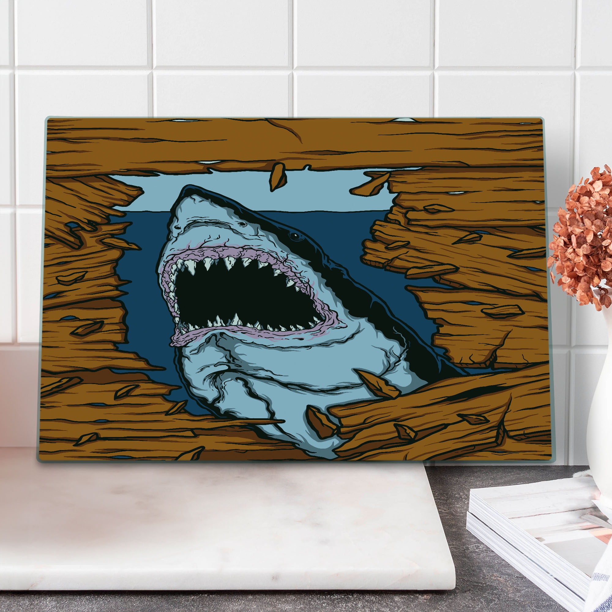 Shark Cutting Board, Wild Fish Breaking Wooden Plank Danger Sign Killer ...