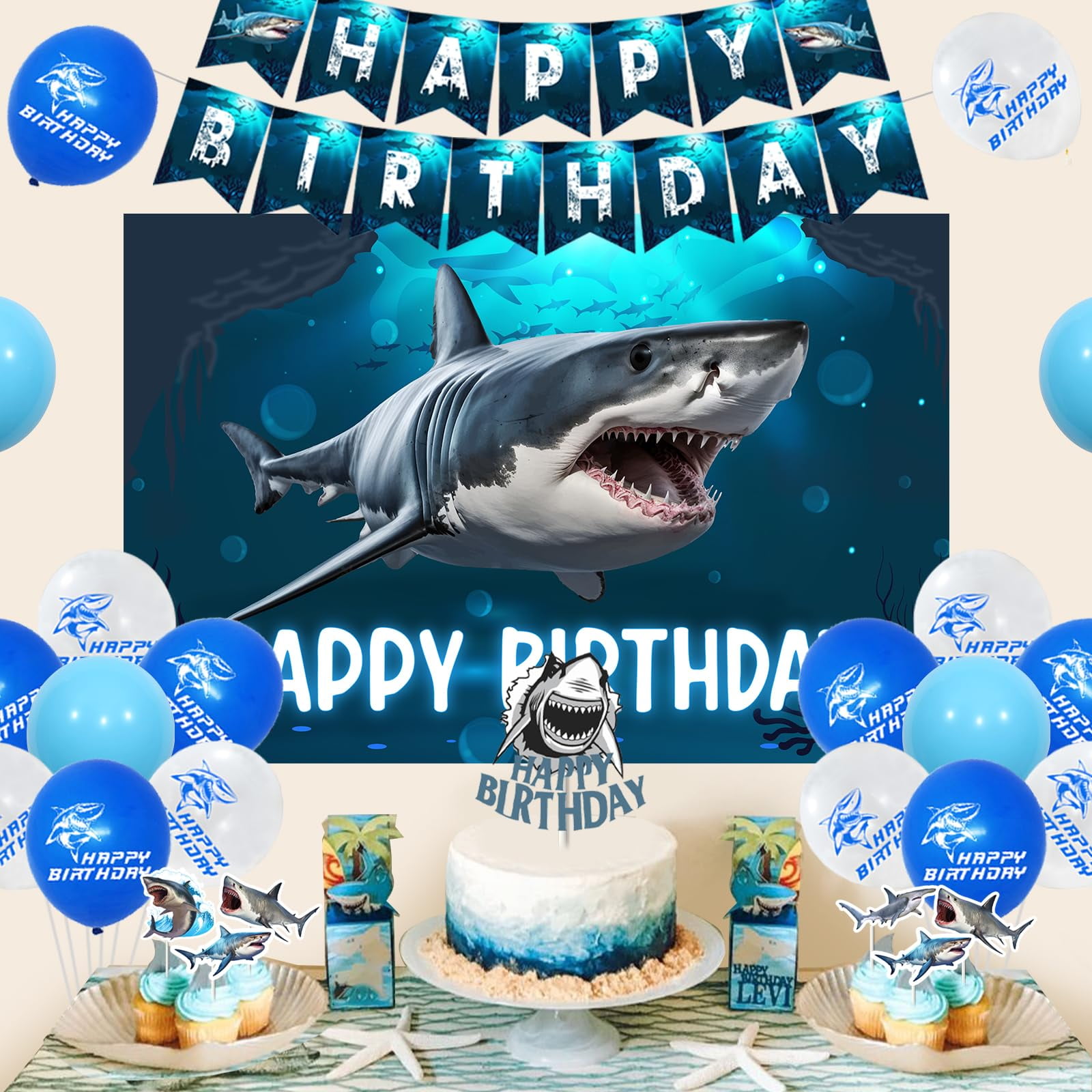 Shark Decorations for Boys Blue Shark Happy Banner Backdrop Shark ...