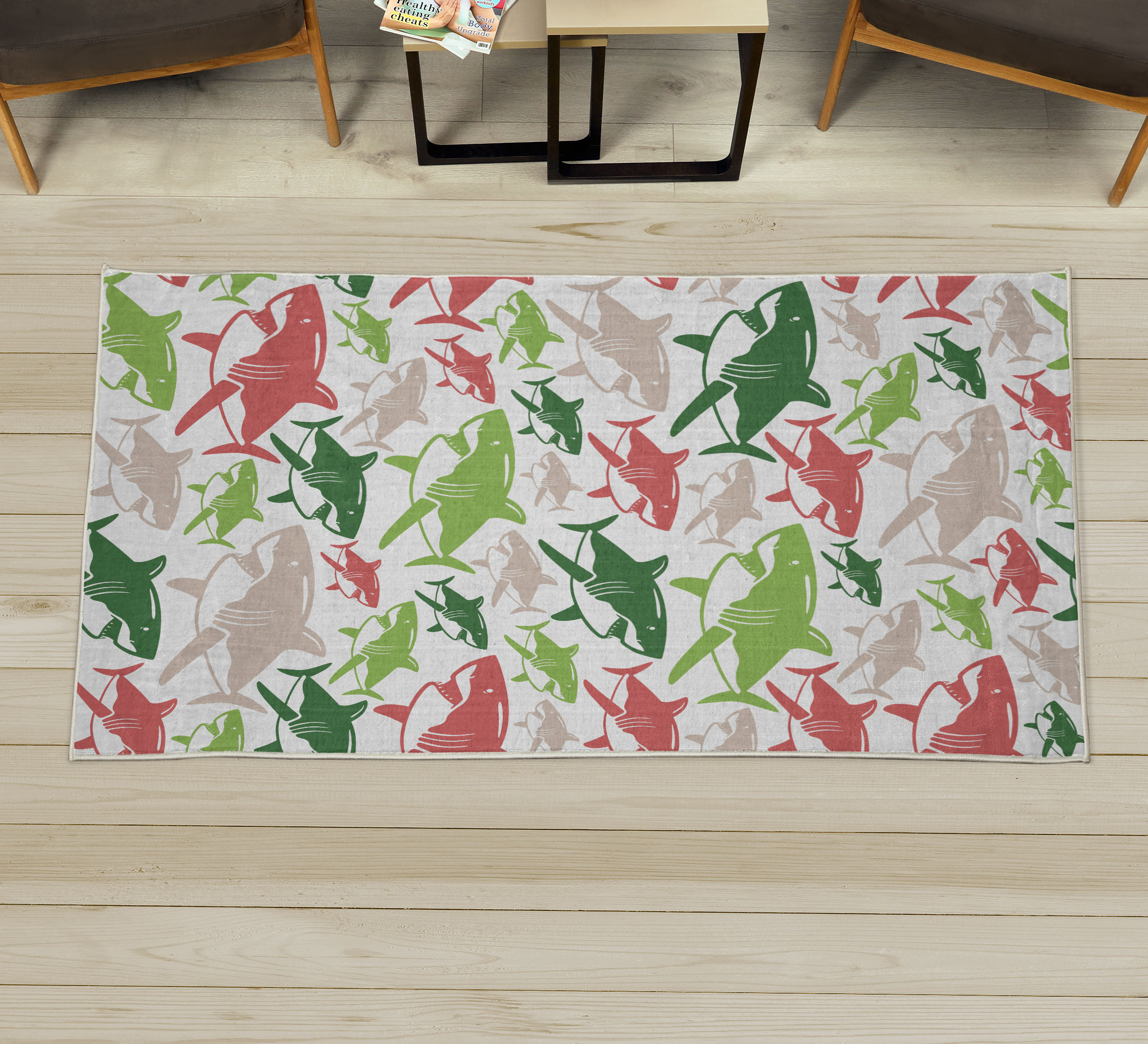 Shark Decorative Rug, Colorful Underwater Fish Pattern Masters Survival ...