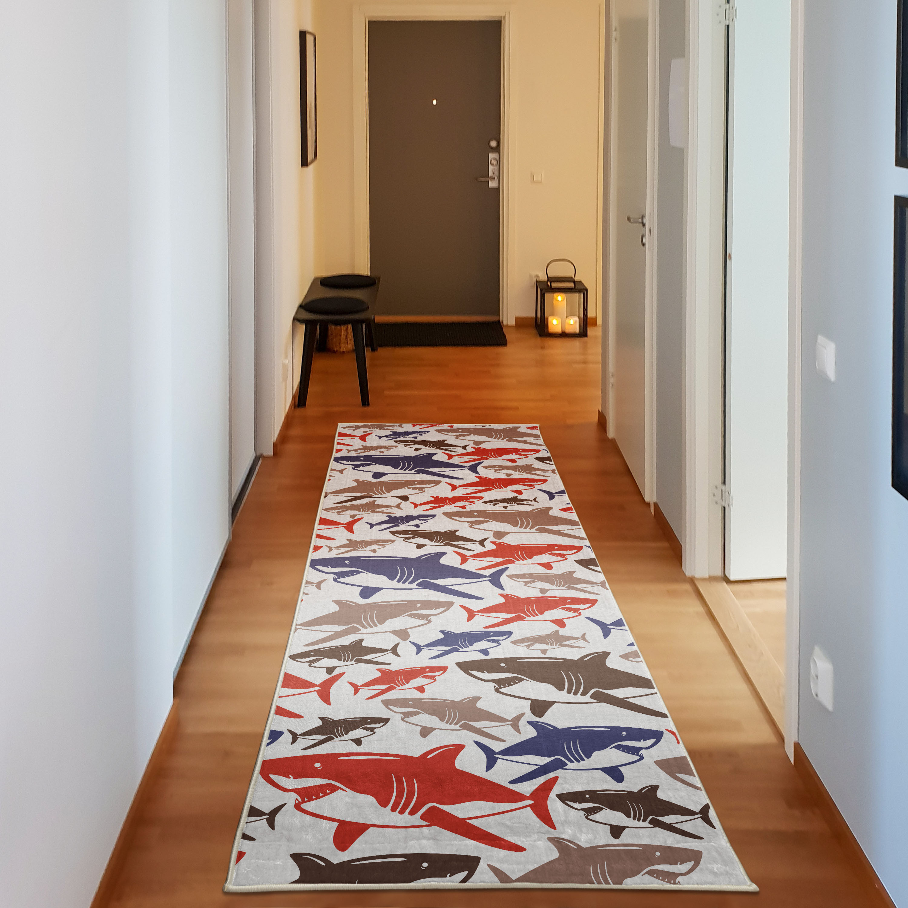 Shark Decorative Rug, Colorful Underwater Fish Pattern Masters Survival ...