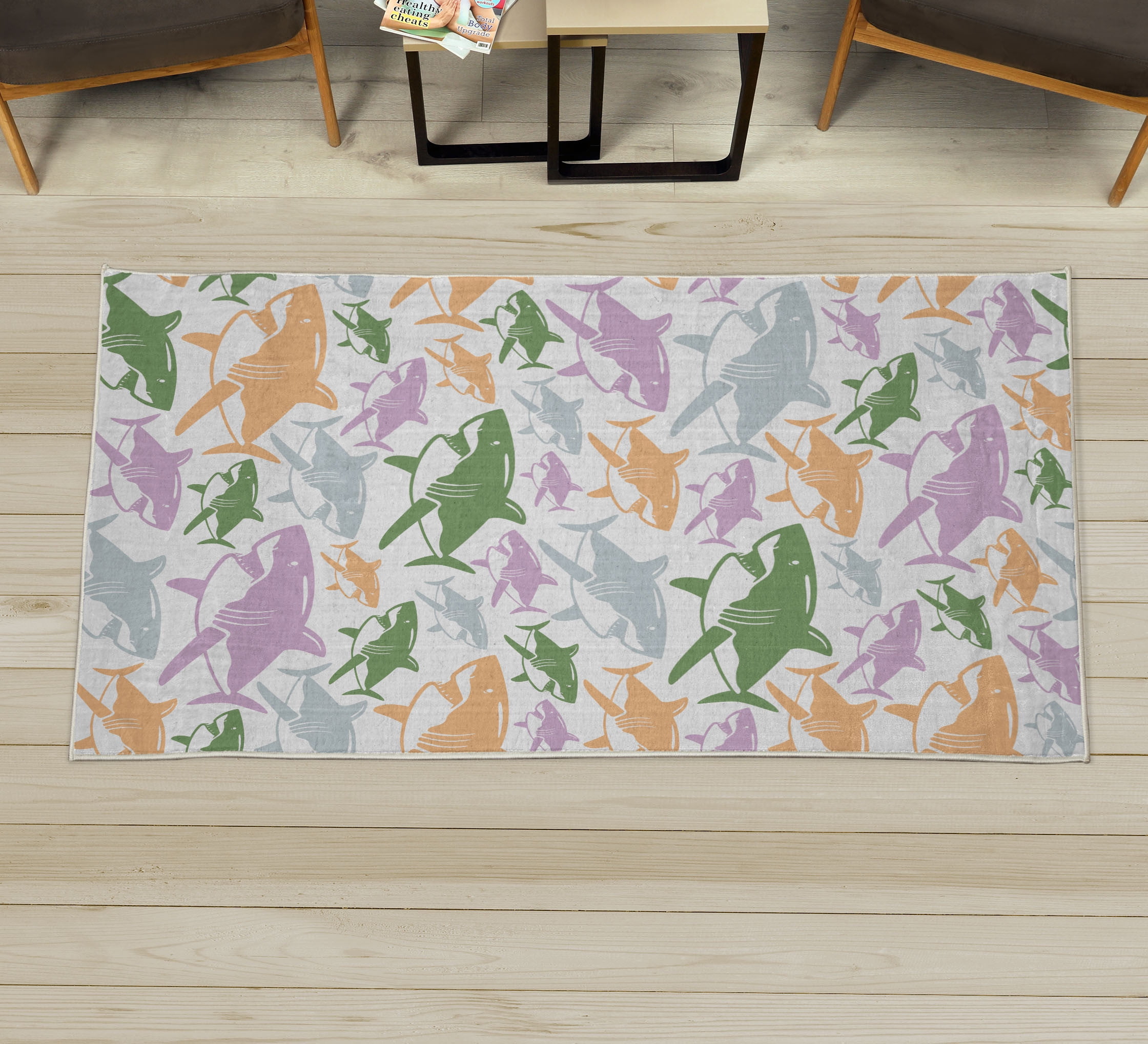 Shark Decorative Rug, Colorful Underwater Fish Pattern Masters Survival ...