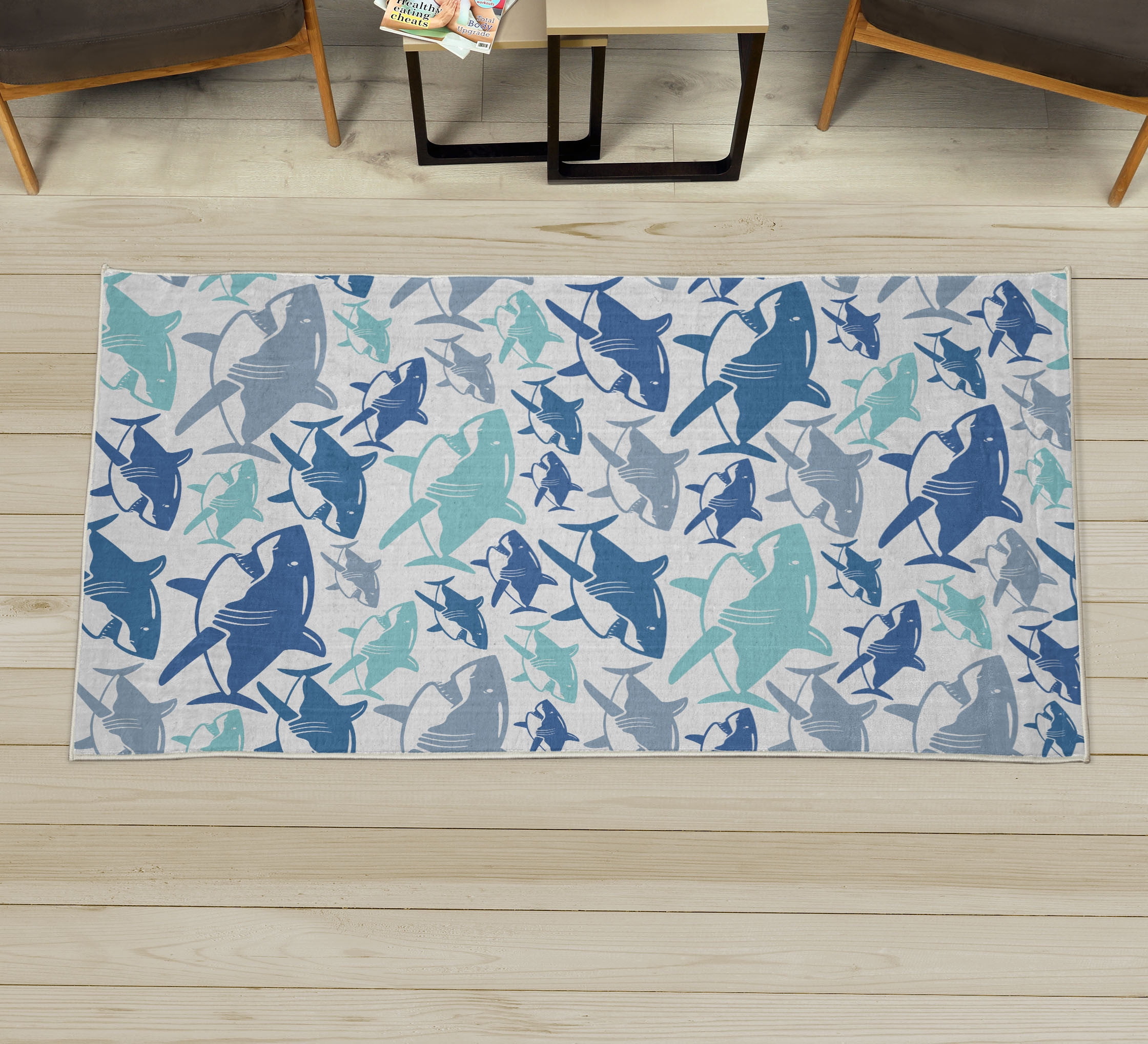 Shark Decorative Rug, Colorful Underwater Fish Pattern Masters Survival ...