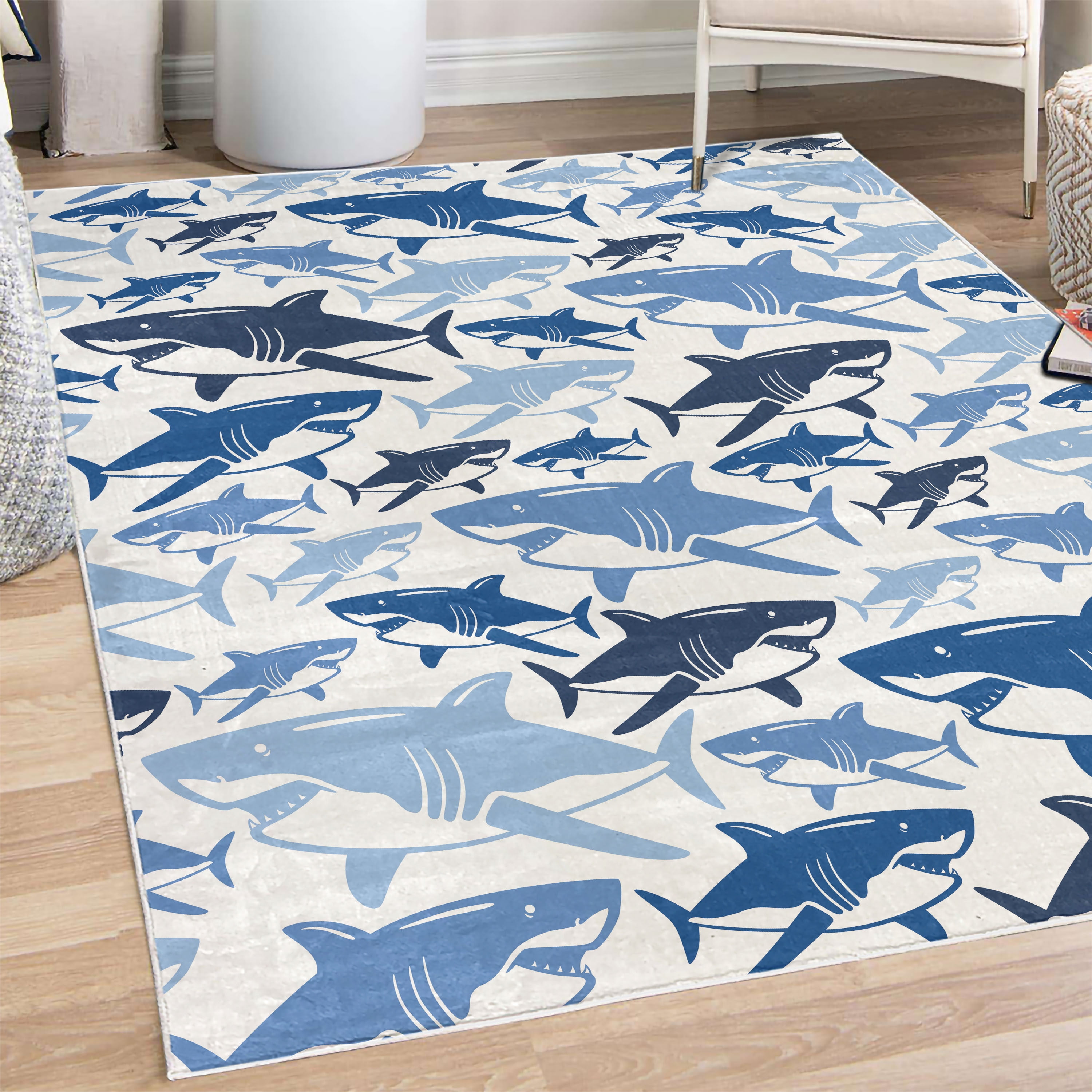 Shark Decorative Rug, Colorful Underwater Fish Pattern Masters Survival ...