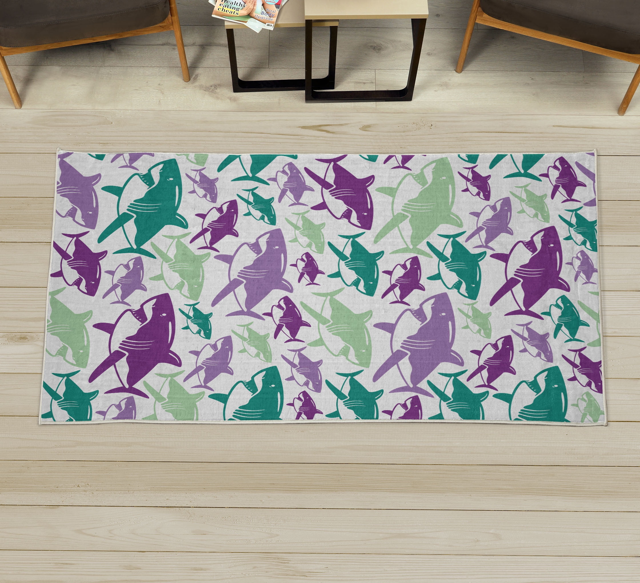 Shark Decorative Rug, Colorful Underwater Fish Pattern Masters Survival ...