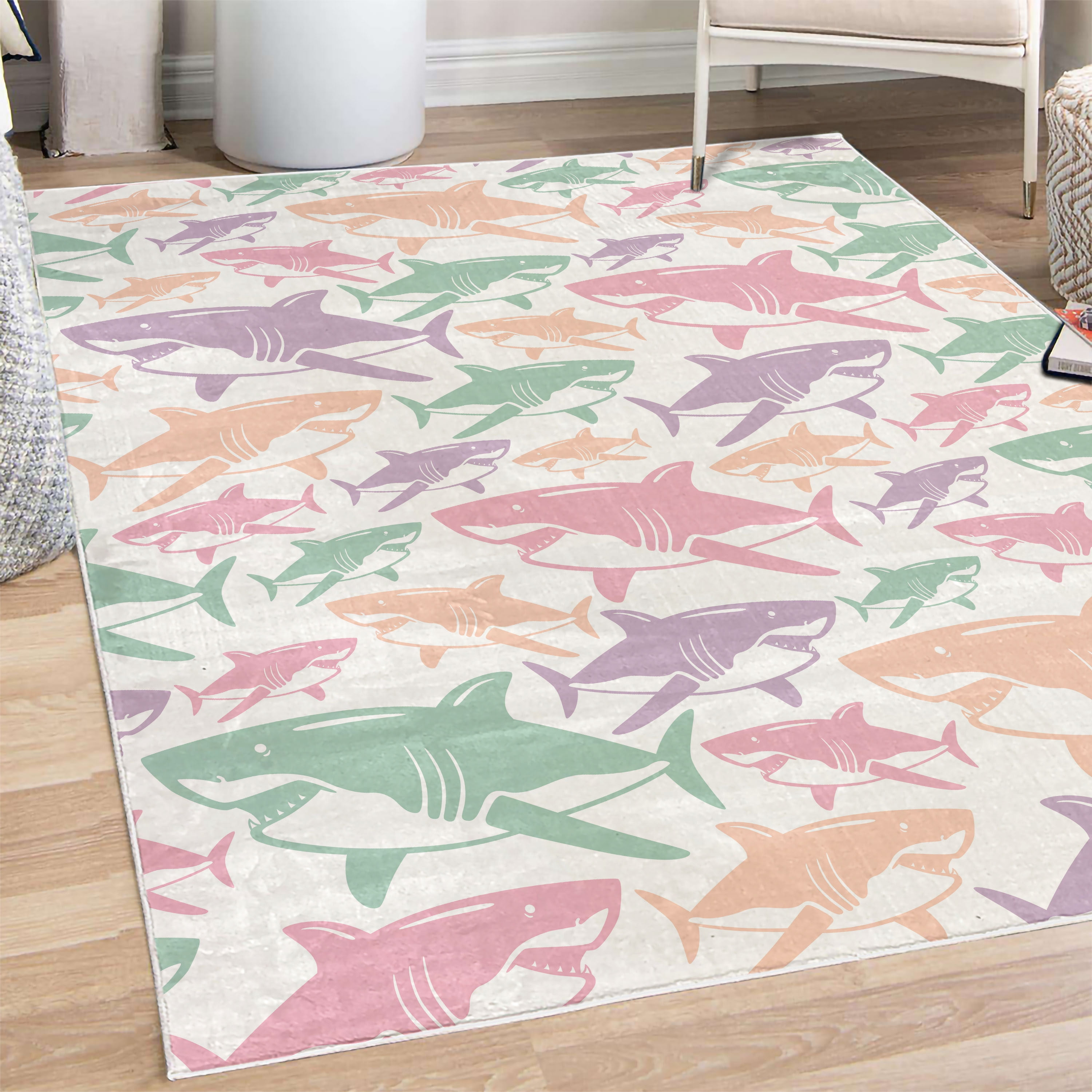 Shark Decorative Rug, Colorful Underwater Fish Pattern Masters Survival ...