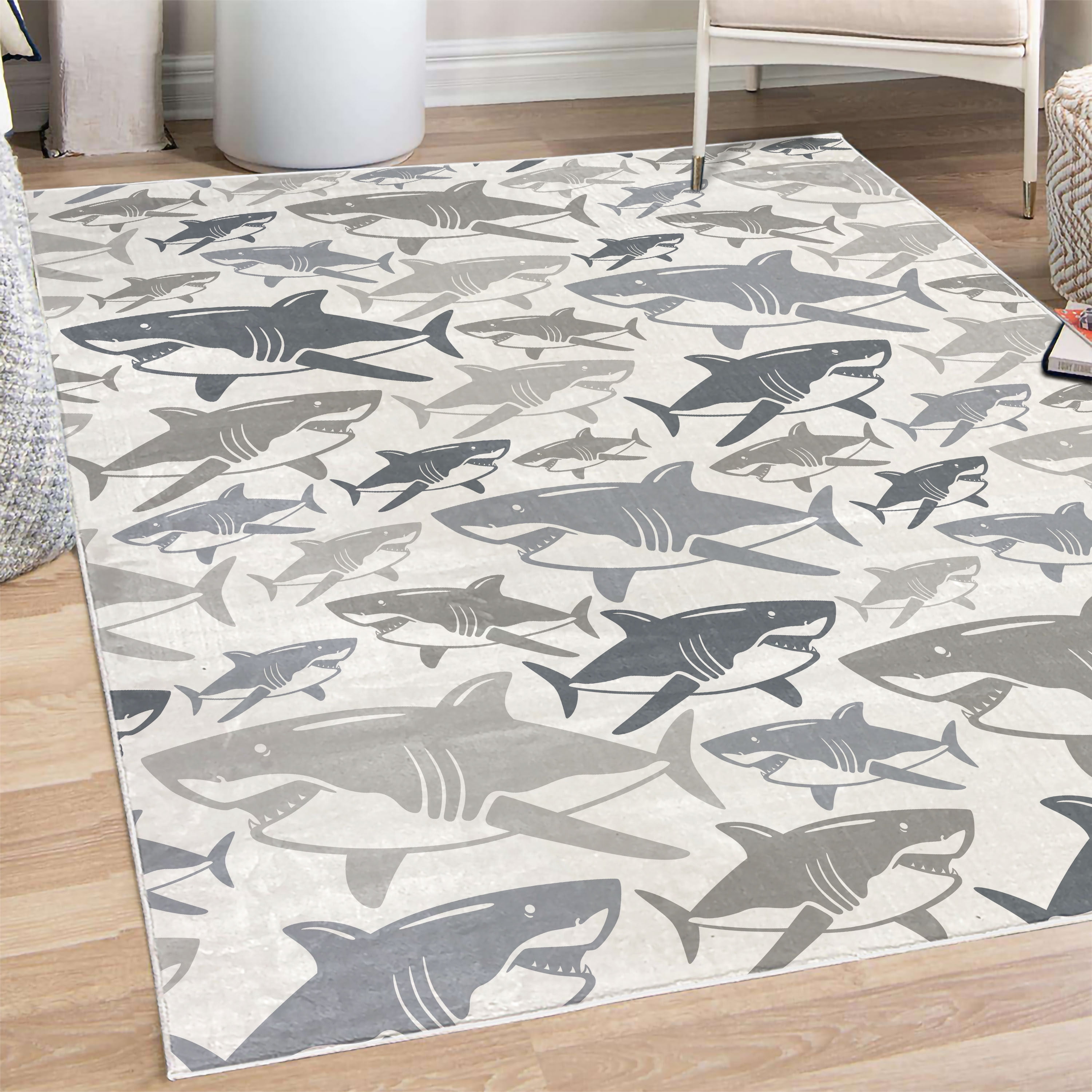 Shark Decorative Rug, Colorful Underwater Fish Pattern Masters Survival ...