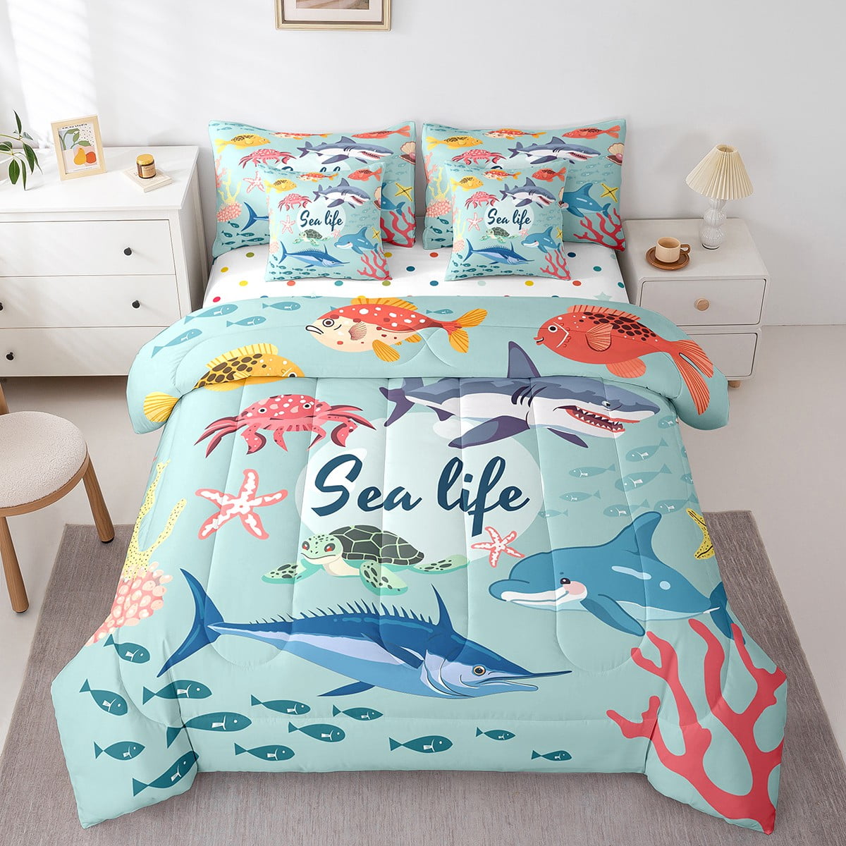 Shark Dolphin Comforter Set 7 Piece Bed in a Bag Twin,Ocean Sea Turtle ...