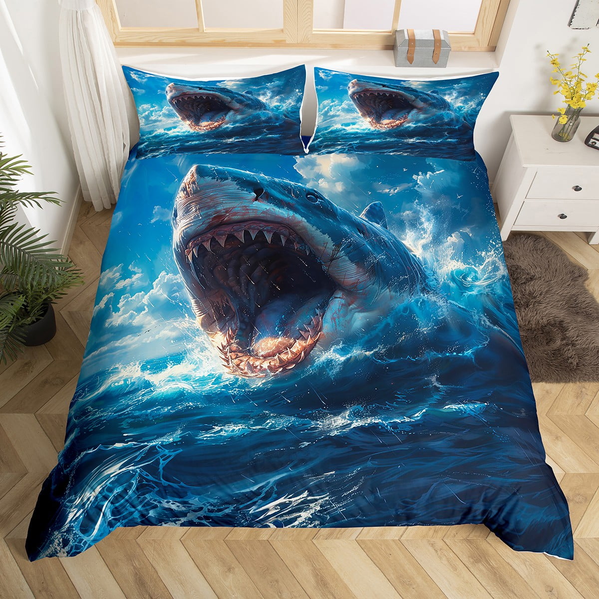 Shark Duvet Cover Queen,3D Shark Bedding Set Bedroom,Nautical Ocean ...