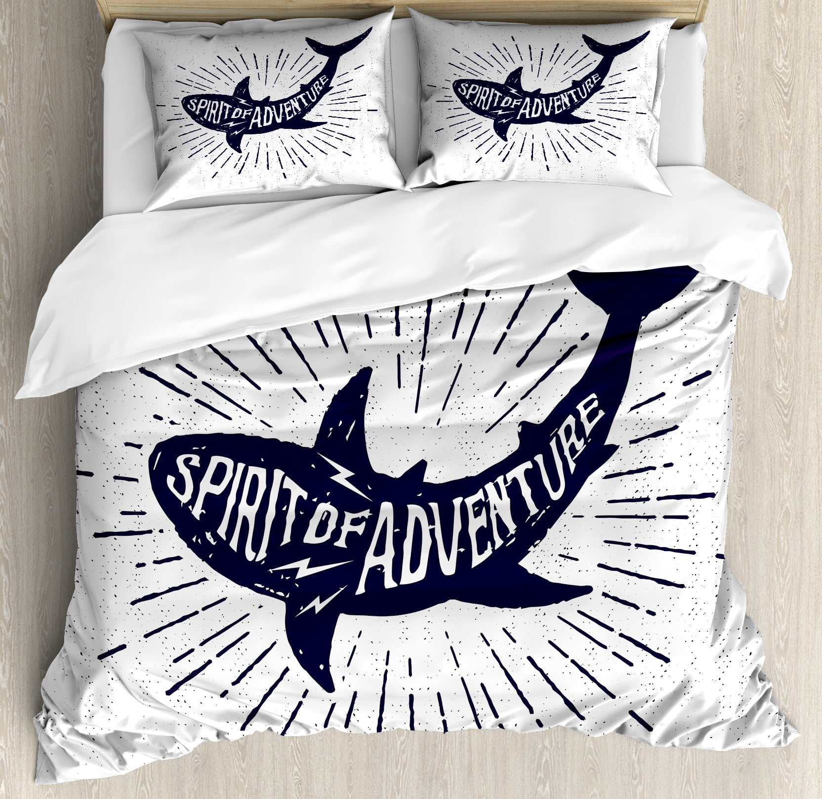 Shark Duvet Cover Set, of Adventure Words over a Fish Body Wildlife ...