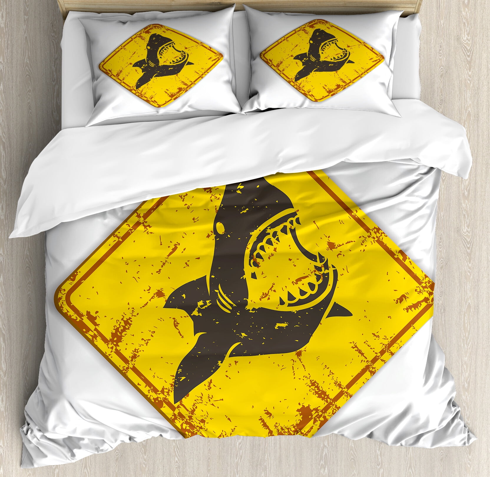 Shark Duvet Cover Set, Caution Shark Sign Sharp Teeth Animal Ocean ...