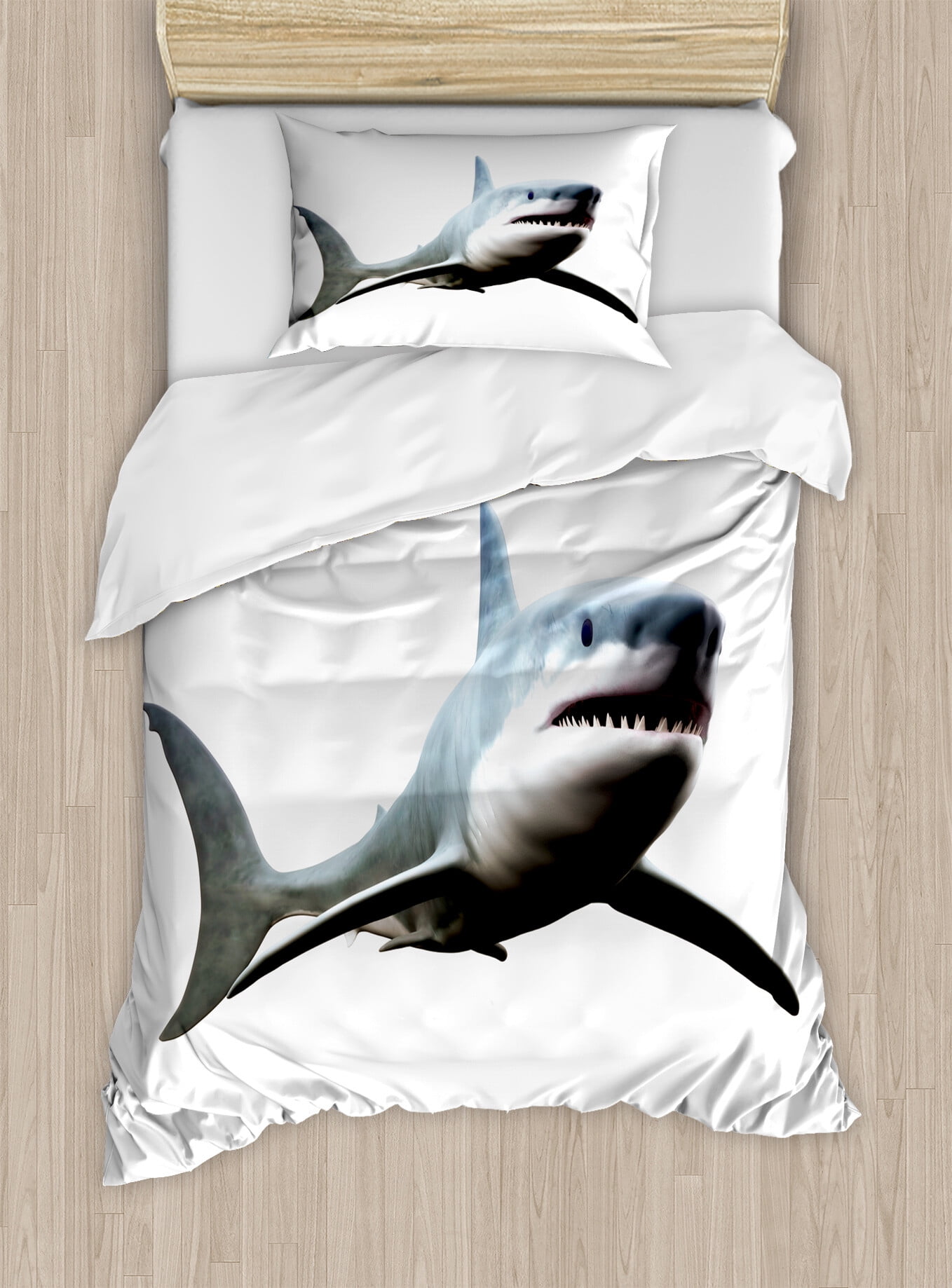 Shark Duvet Cover Set, Digital Illustration of Wild Sea Creature ...