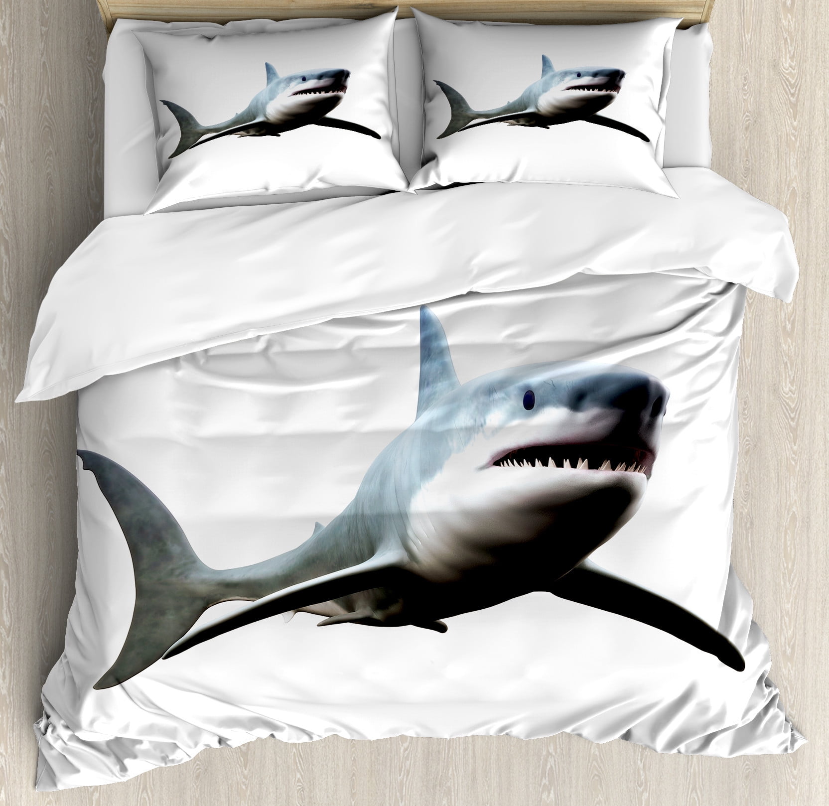 Shark Duvet Cover Set, Digital Illustration of Wild Sea Creature ...
