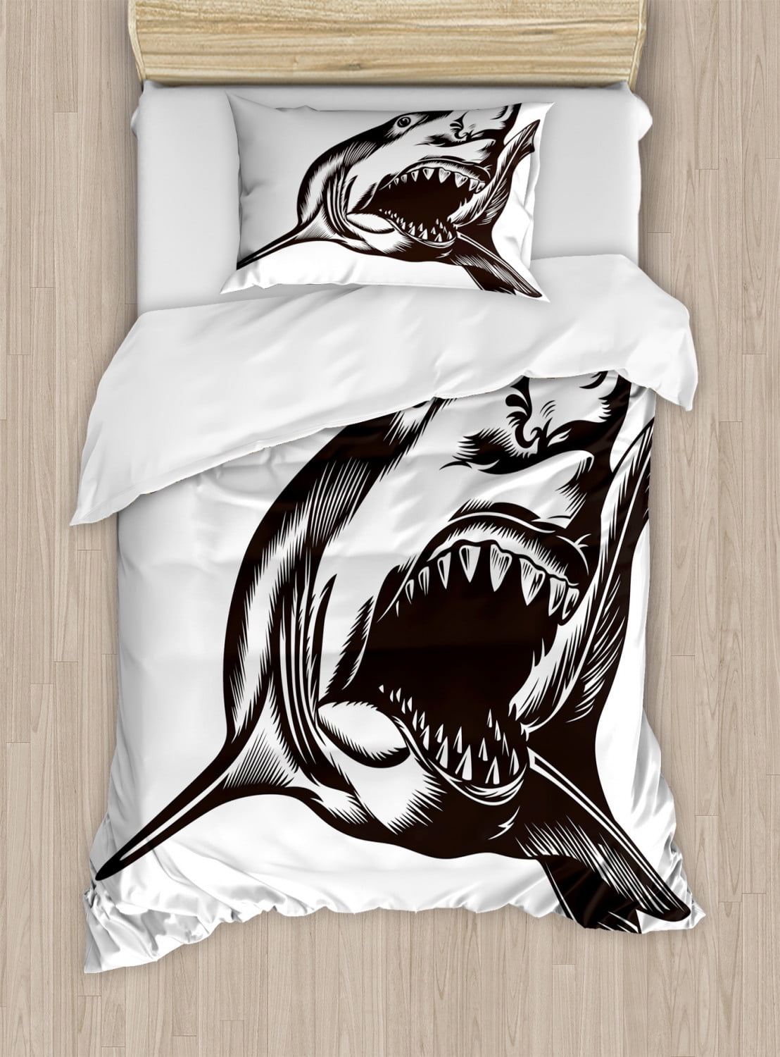 Shark Duvet Cover Set, Digital Sketch of Wild Fish with Open Mouth ...