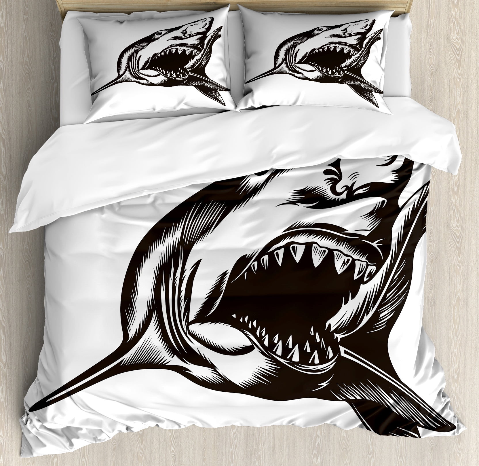 Shark Duvet Cover Set, Digital Sketch of Wild Fish with Open Mouth ...