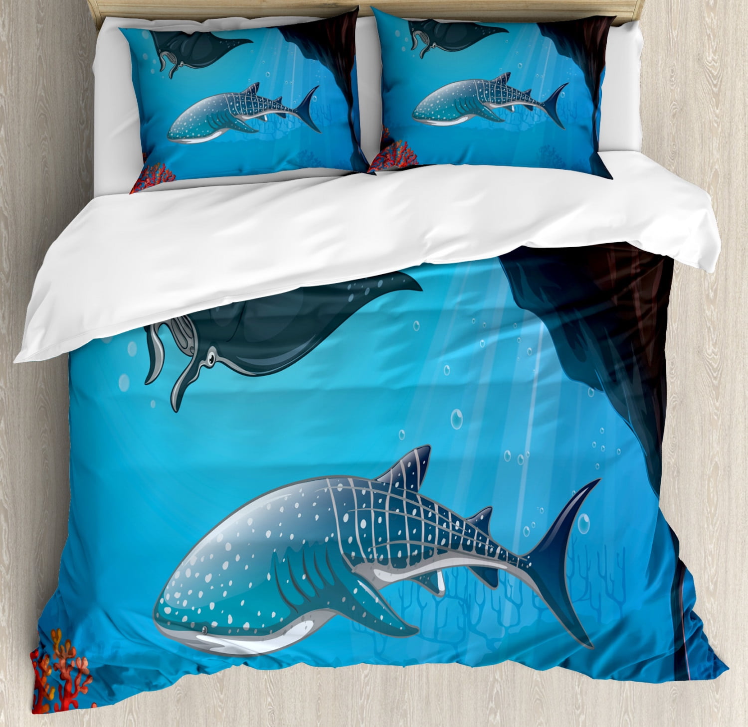 Shark Duvet Cover Set King Size, Shark Deep Water Stingray with Coral ...