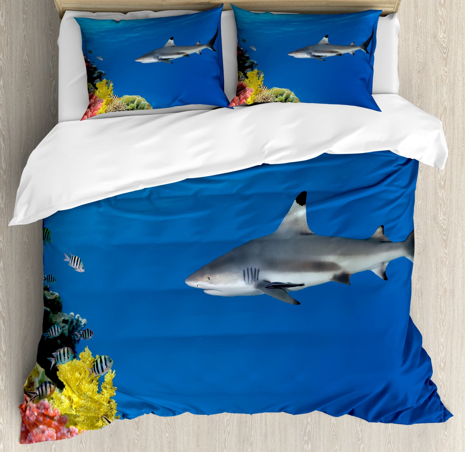 Shark Duvet Cover Set King Size, Tropical Underwater World with Fishes ...