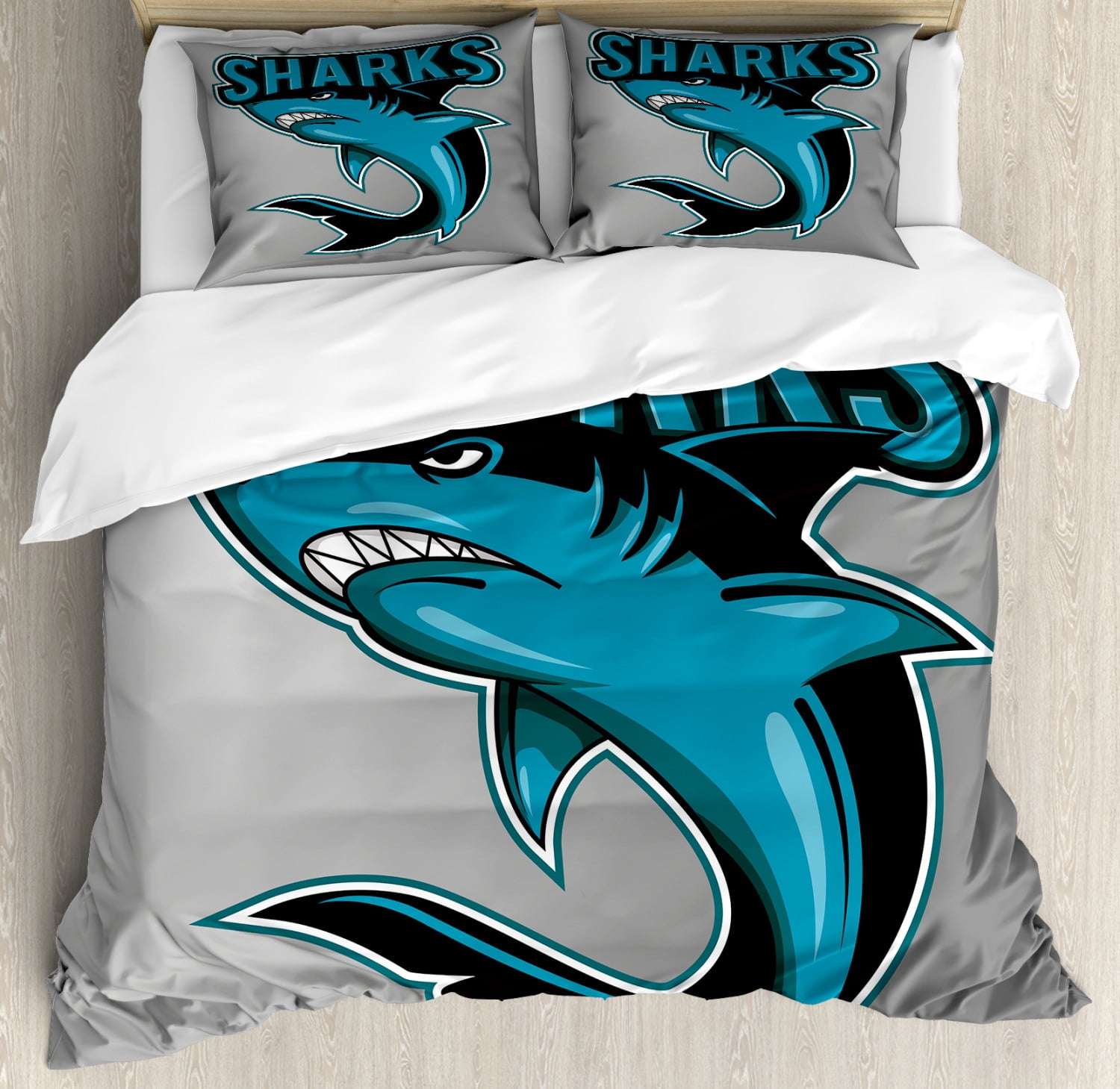 Shark Duvet Cover Set Queen Size, Angry Danger Fish Fins Aggressive Sea ...