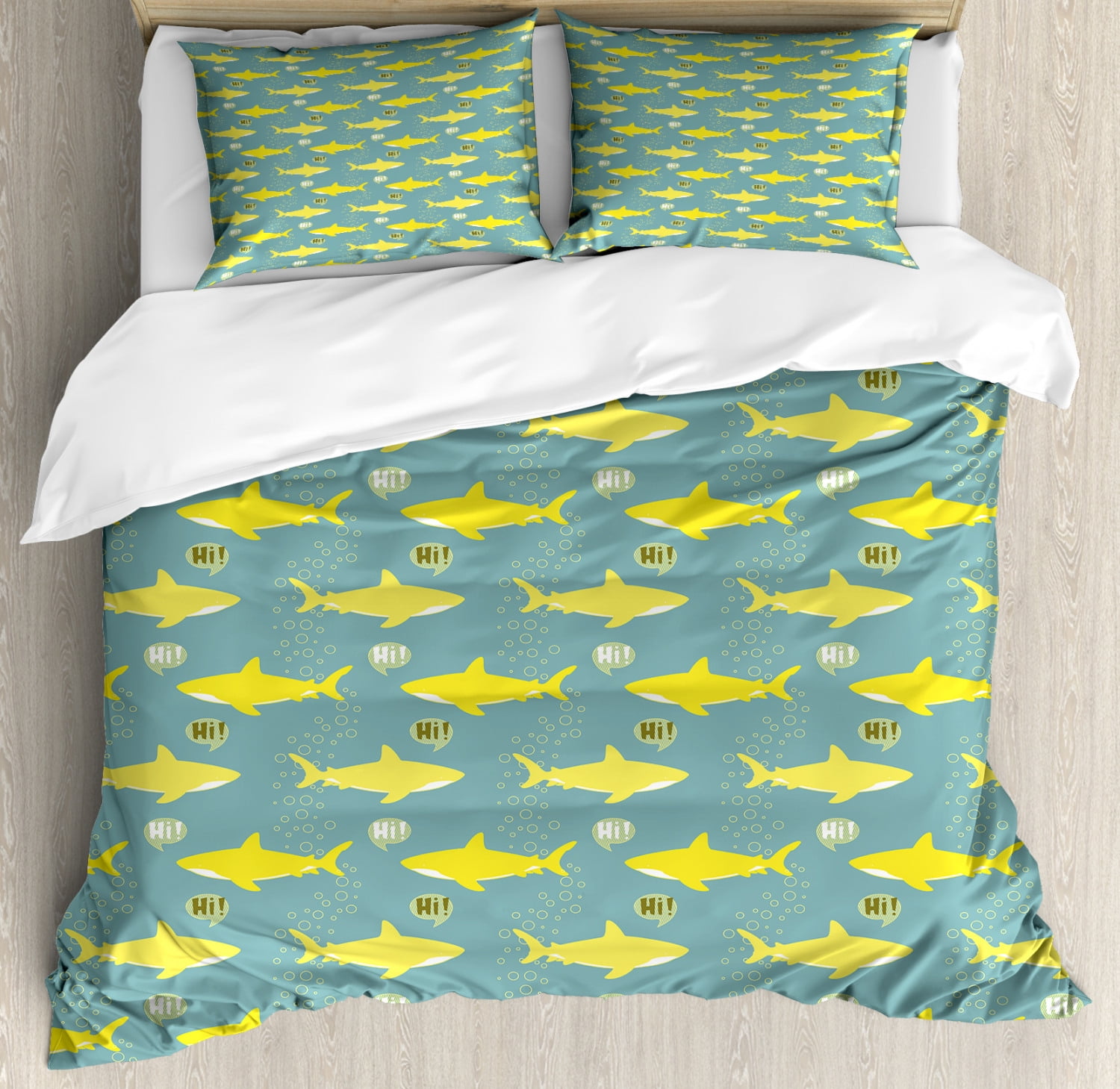 Shark Duvet Cover Set Queen Size, Yellow Silhouettes Saying Hi Great ...