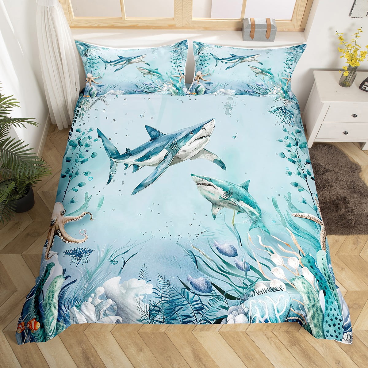 Shark Duvet Cover Set Teal Blue Ocean Beach Coastal Bedding Sets ...