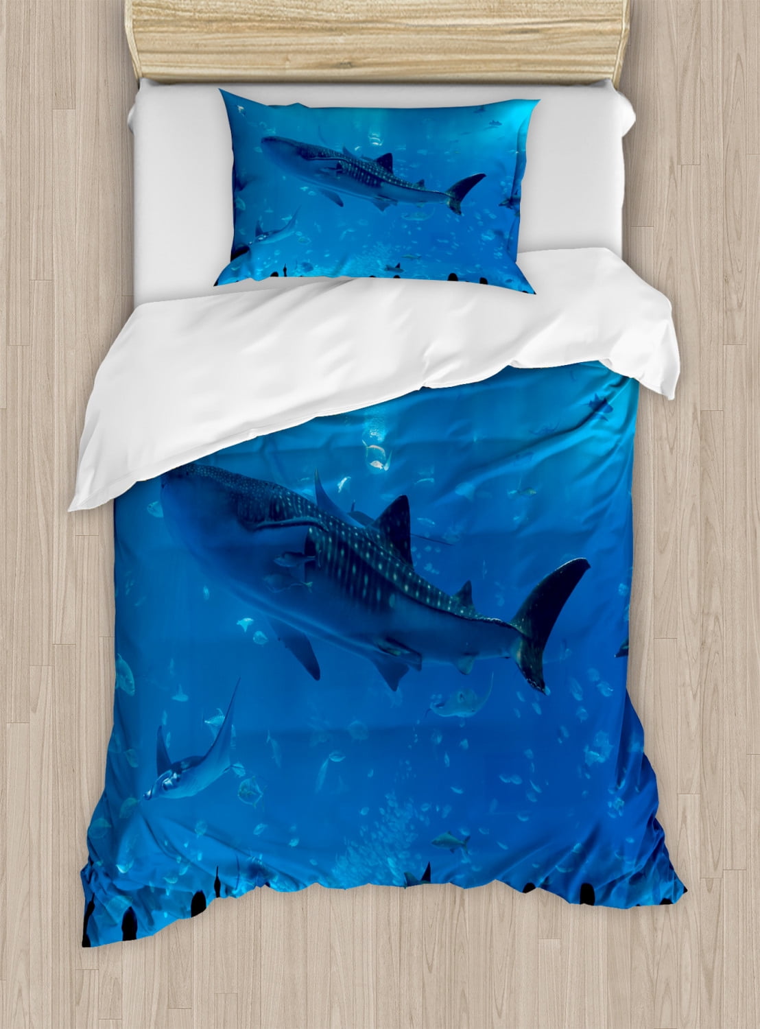 Shark Duvet Cover Set Twin Size, Japanese Aquarium Park with People ...