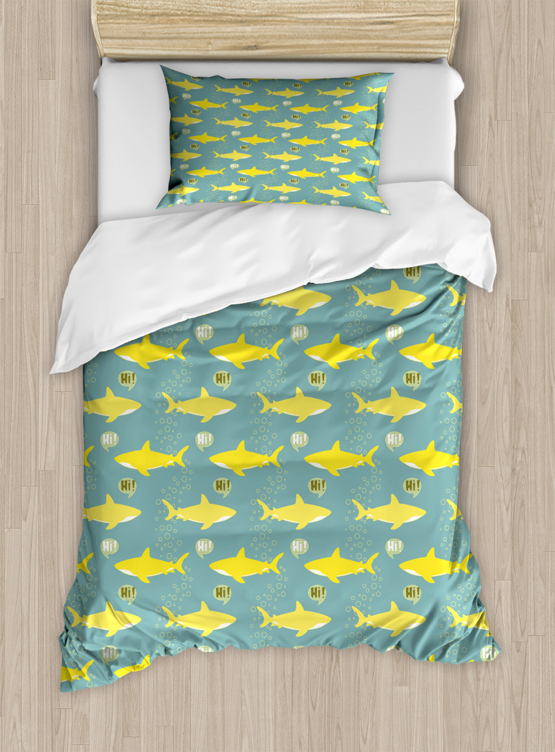 Shark Duvet Cover Set Twin Size, Yellow Silhouettes Saying Hi Great ...