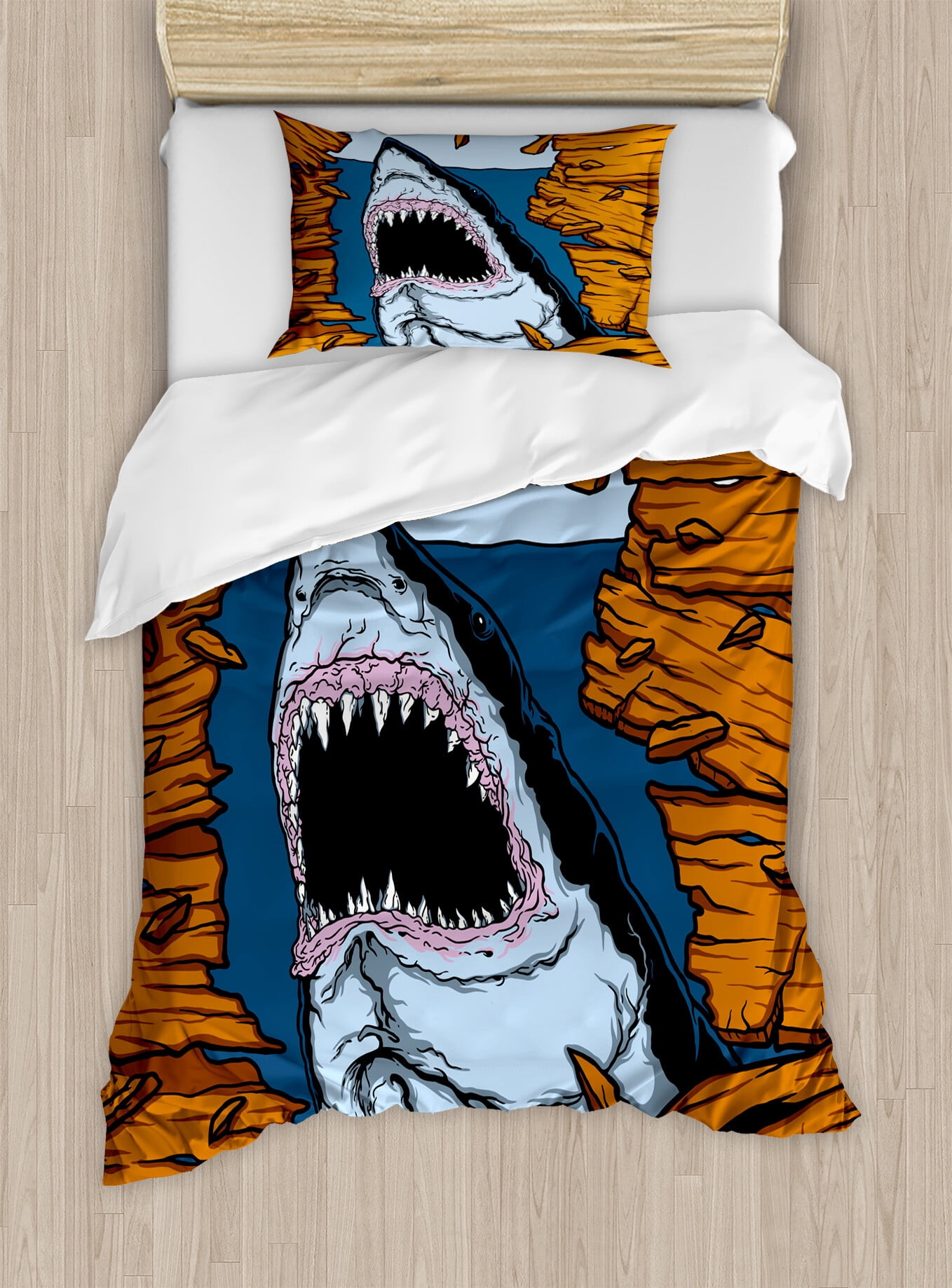 Shark Duvet Cover Set, Wild Fish Breaking Wooden Plank Danger Sign ...