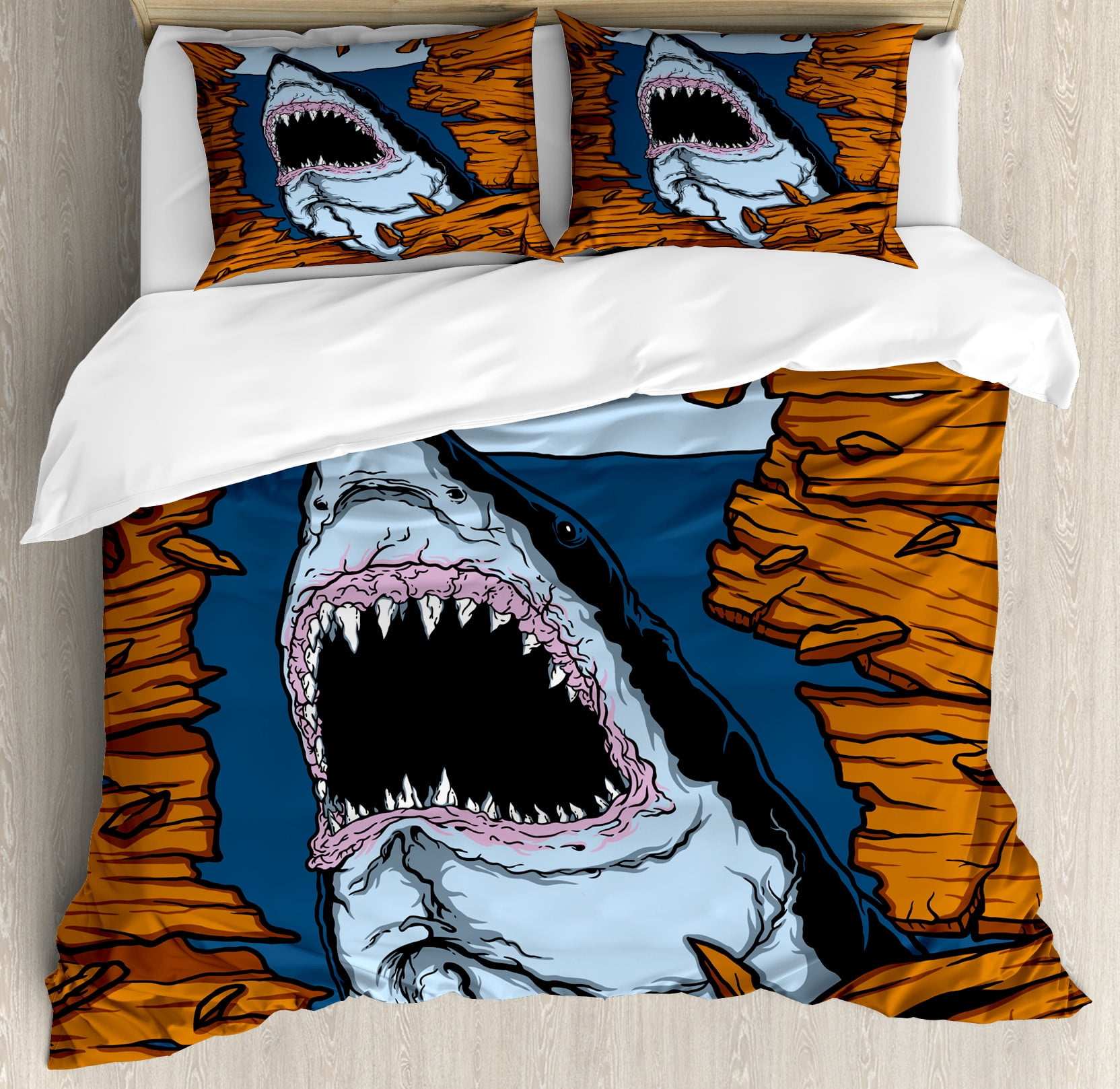 Shark Duvet Cover Set, Wild Fish Breaking Wooden Plank Danger Sign ...
